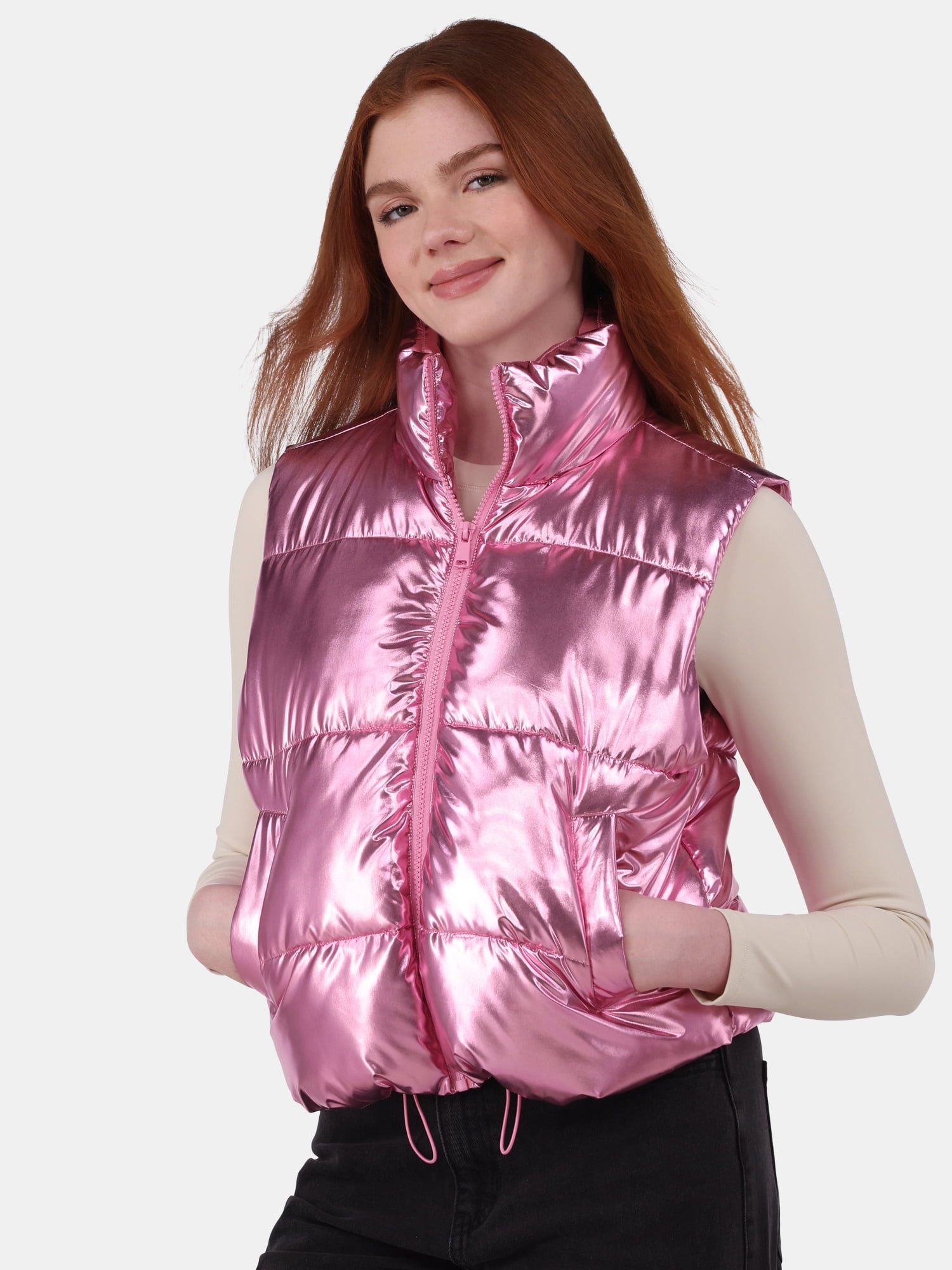 No Boundaries Metallic Puffer Vest, Women's and Women’s Plus - Walmart.com