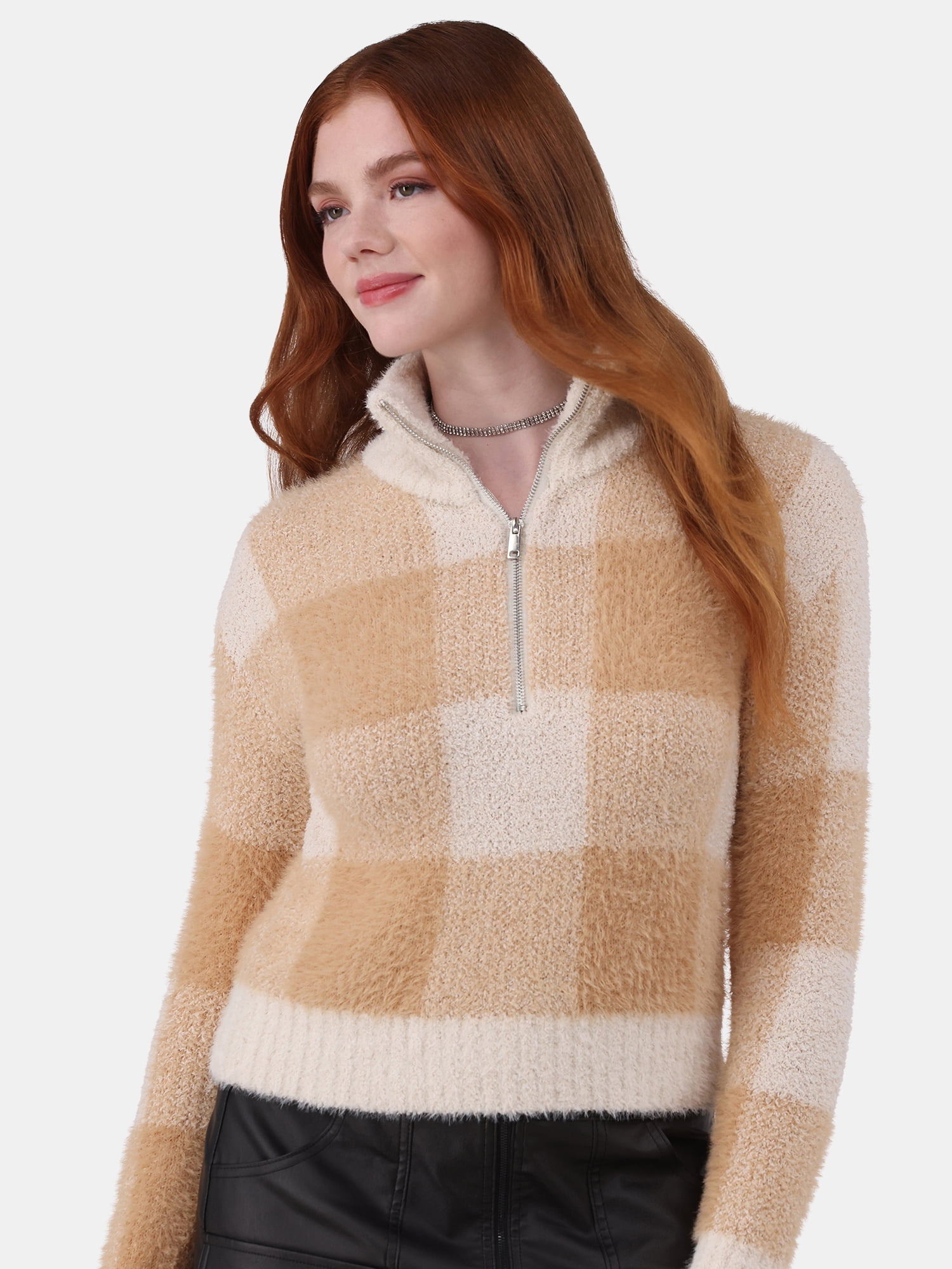 No Boundaries Plaid Quarter Zip Pullover Sweater, Women's and Women’s ...