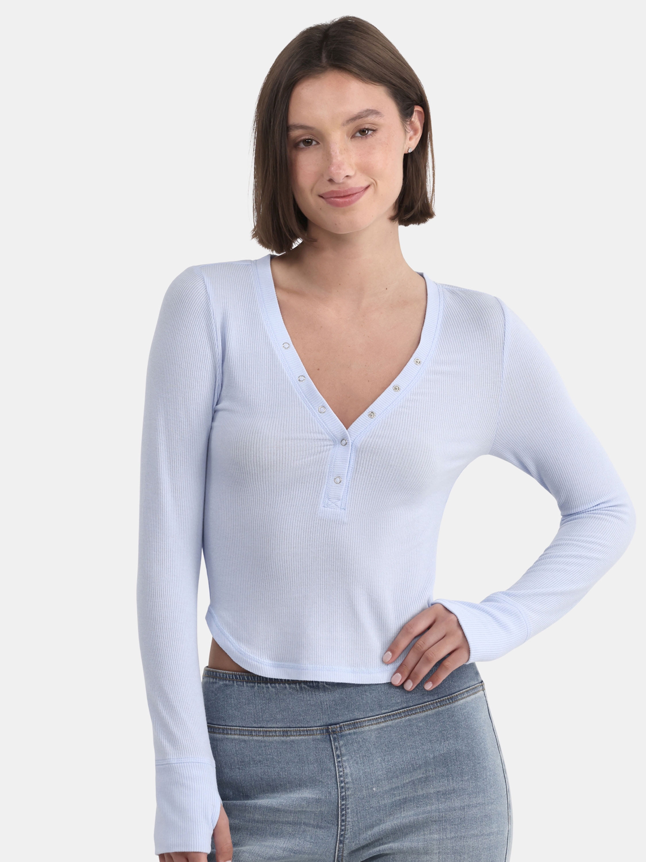 No Boundaries Henley Button Up Snap Top - Thumbhole Detail - Walmart.com