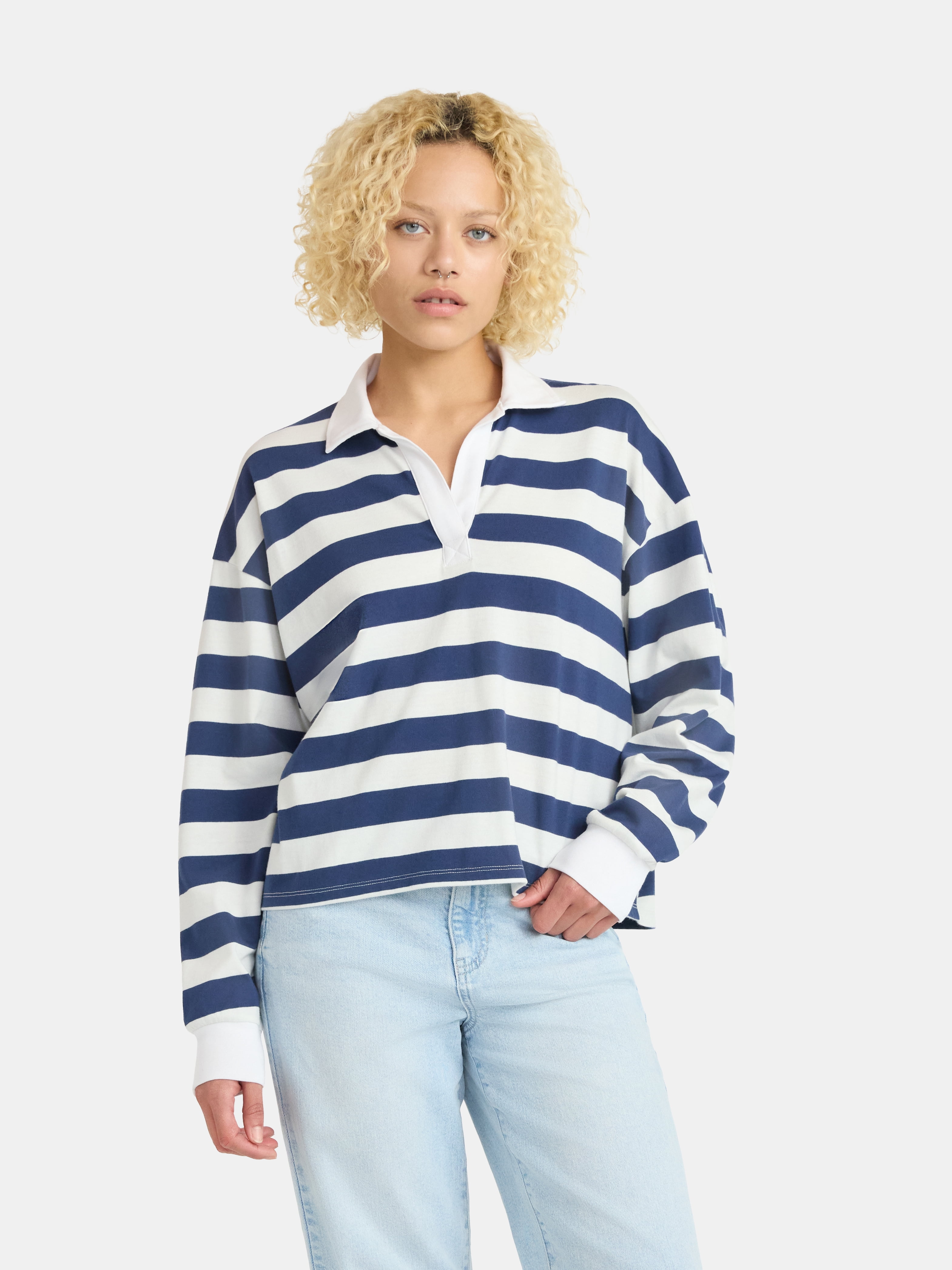 No Boundaries Rugby Polo Top, Women's - Walmart.com