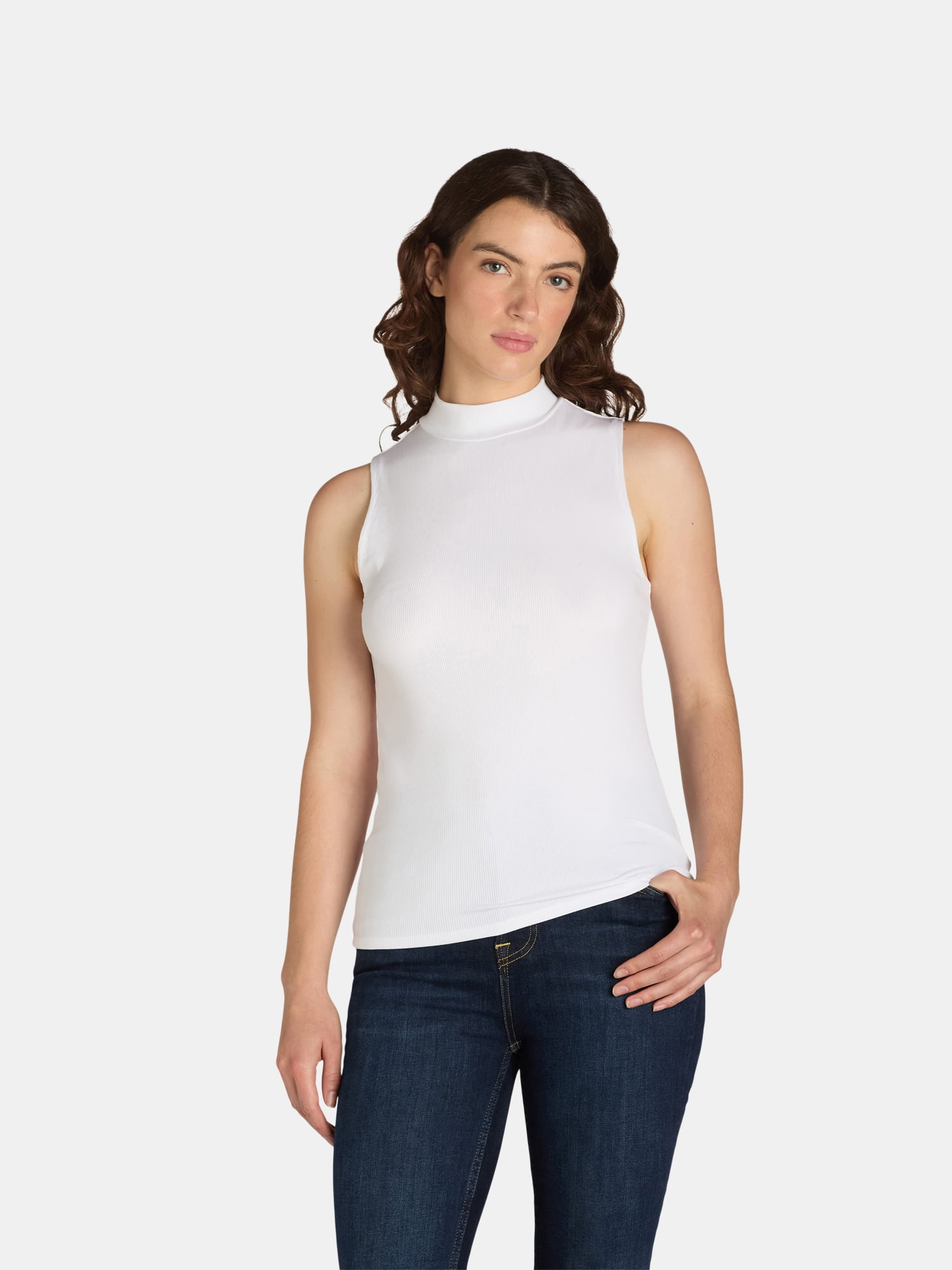 No Boundaries Women's Sleeveless Mock Neck Top, Soft Stretchy Shimmer ...
