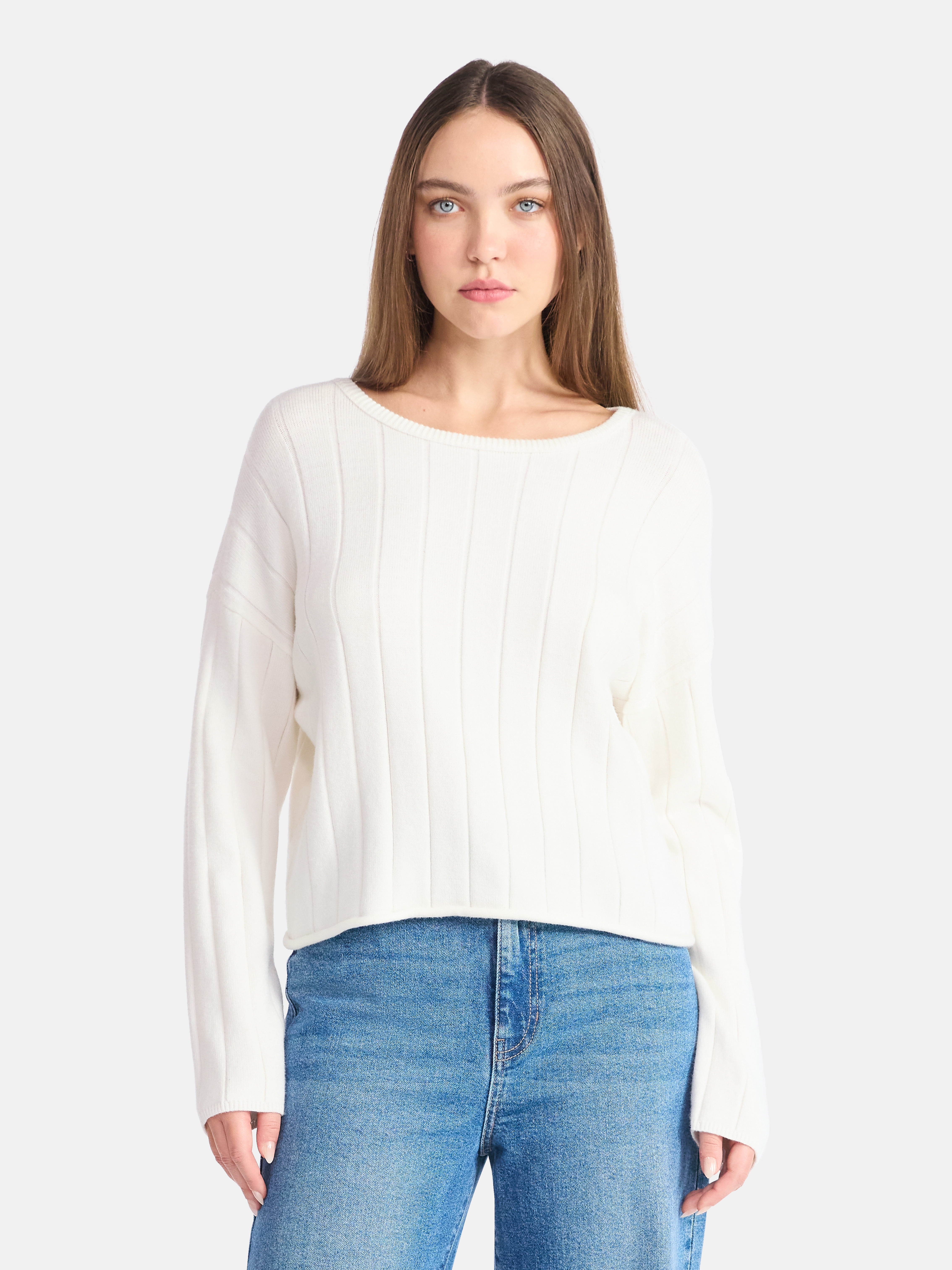 No Boundaries Wide Ribbed Scoop Neck Sweater, Midweight, Women's ...