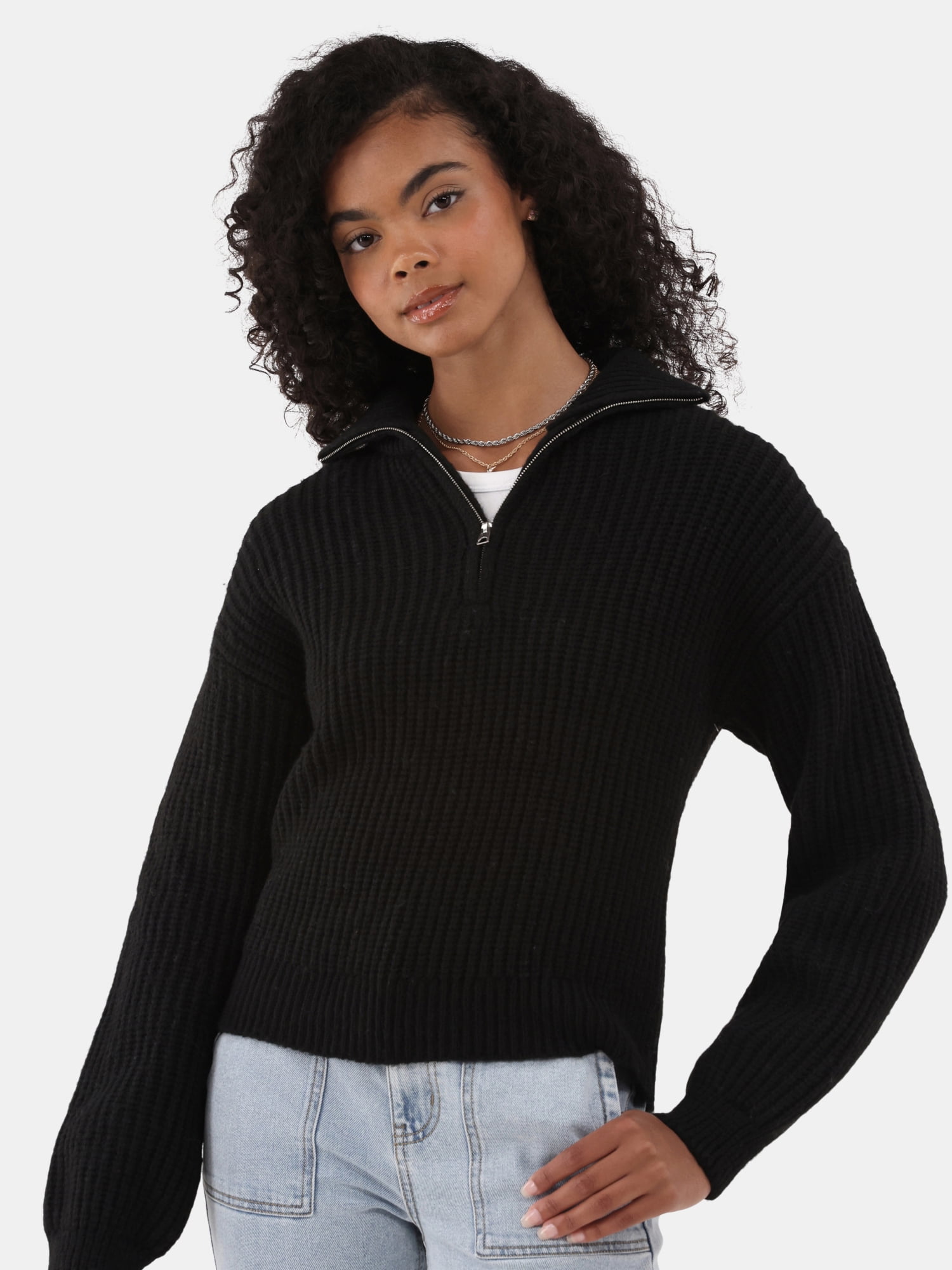 No Boundaries Half Zip Mock Neck Sweater, Midweight, Women’s - Walmart.com