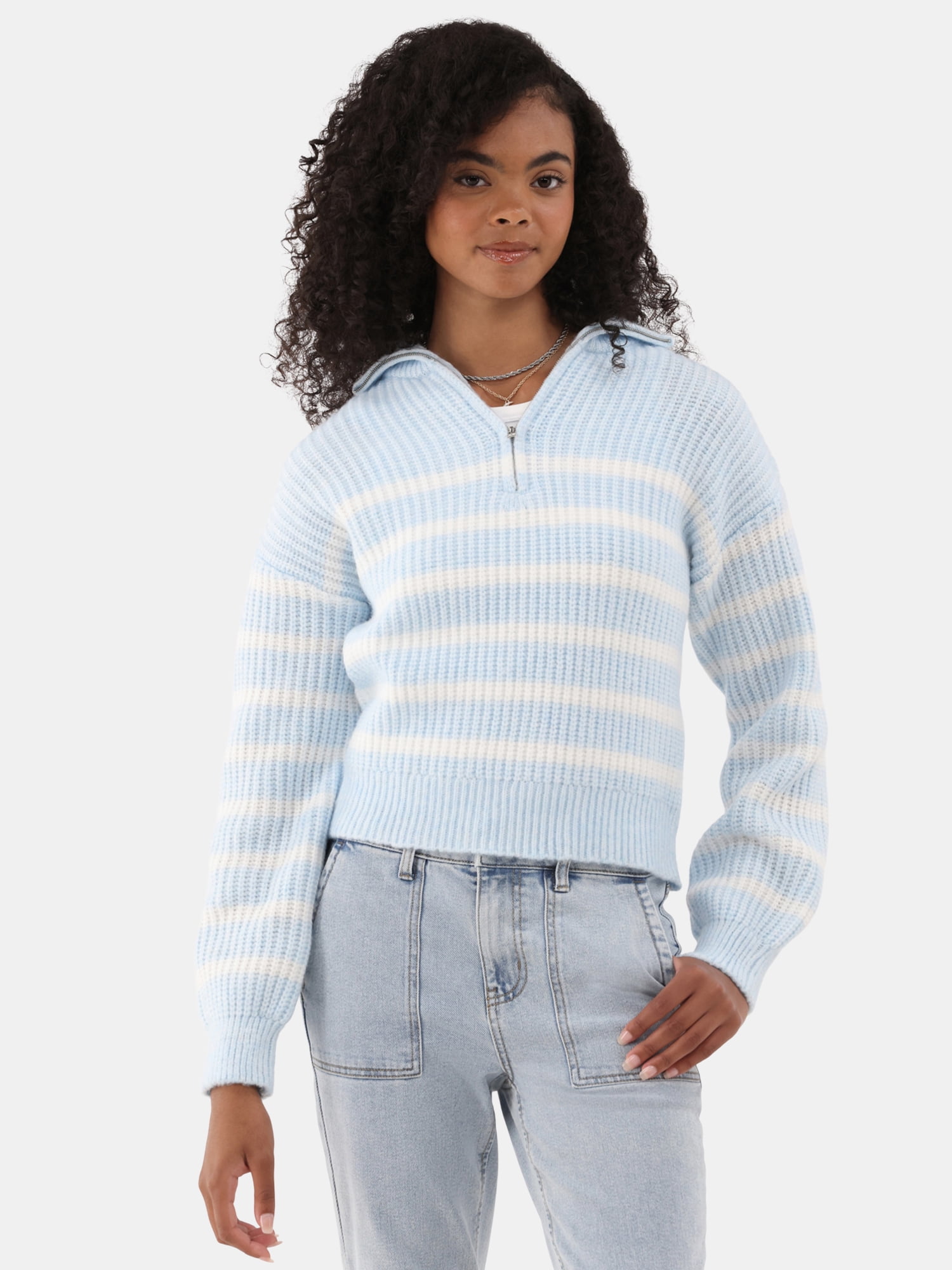 No Boundaries Half Zip Mock Neck Sweater, Midweight, Women’s - Walmart.com
