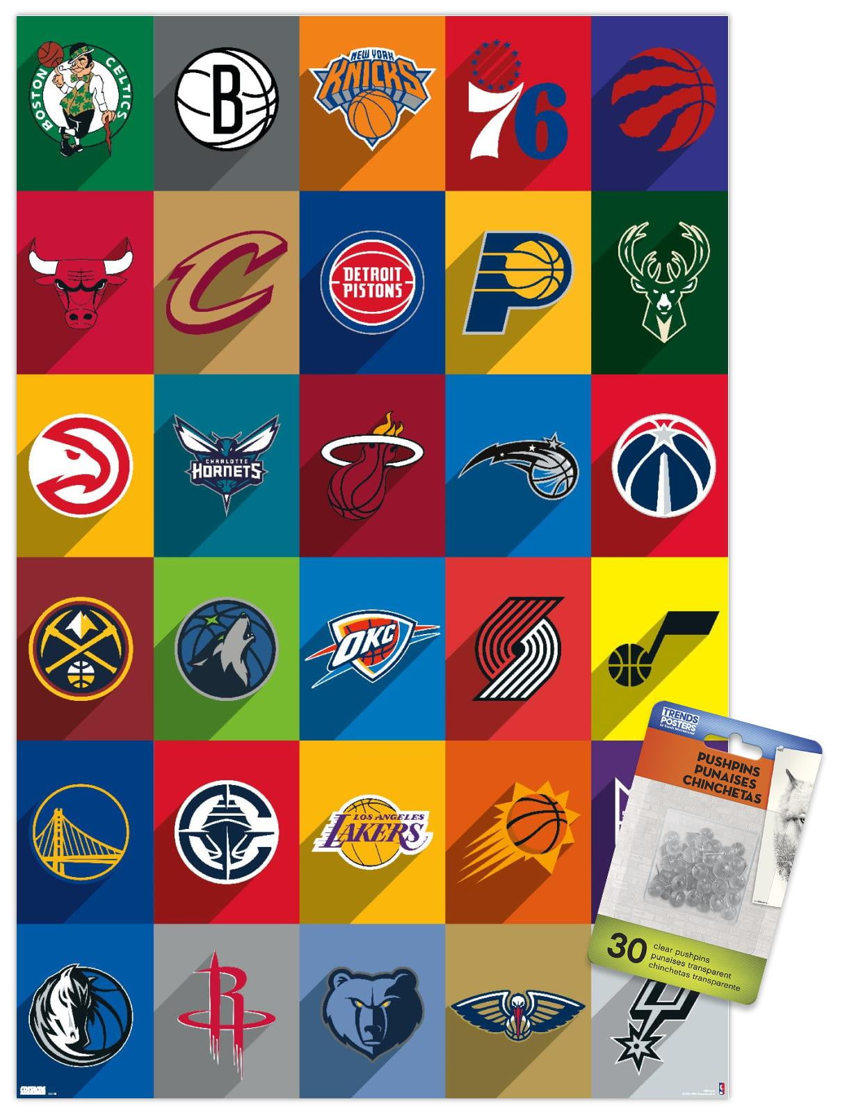 NBA League - Logos 24 Wall Poster with Push Pins, 14.725" x 22.375 ...