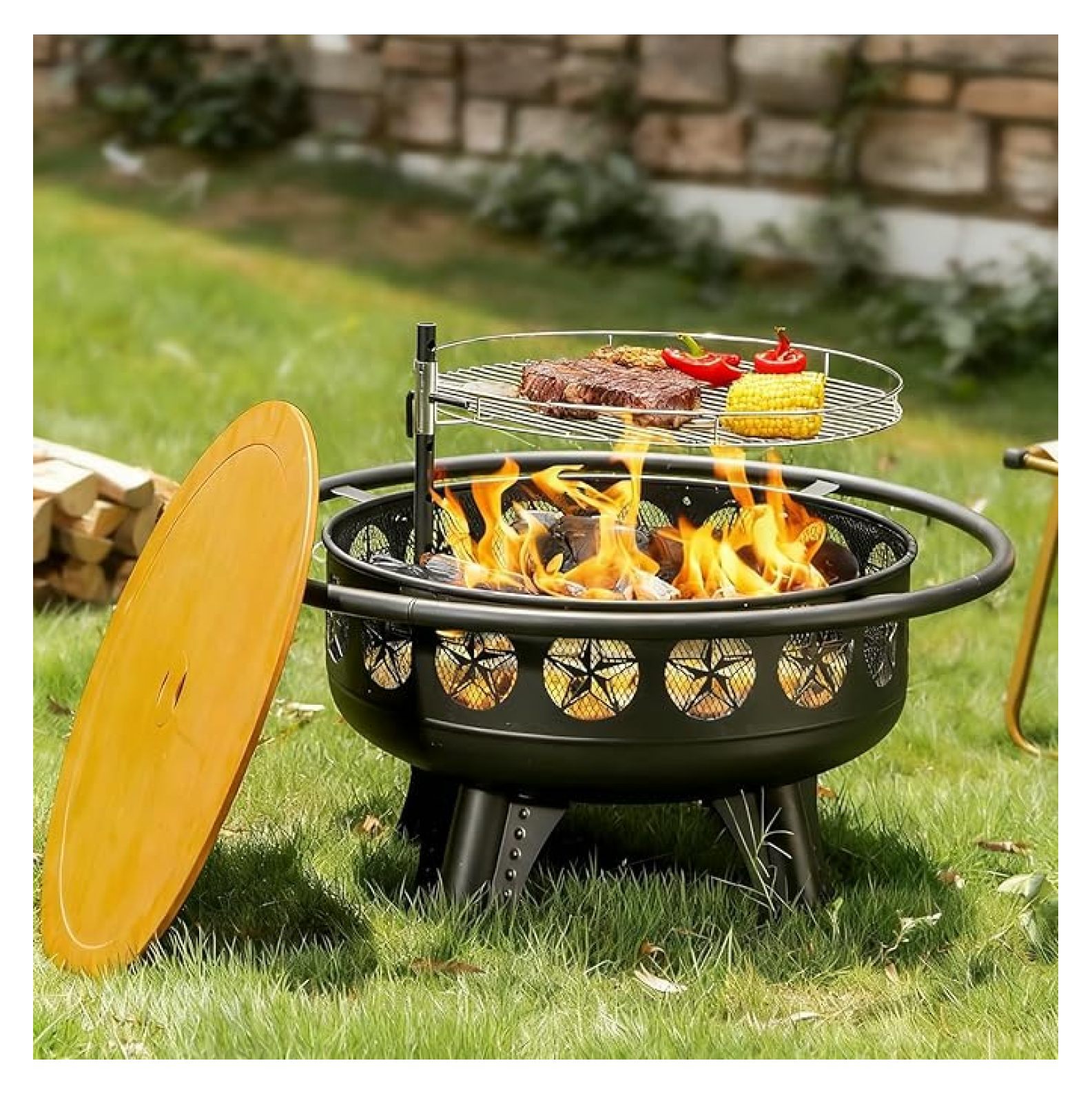 NBBNHH 32 Inch Wood Burning with Grill, 3-in-1 Outdoor Fireplace Table ...