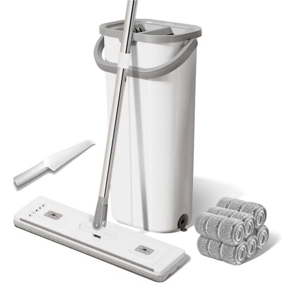 NBBNHH White Flat Mop and Bucket Set with Self-Wringing Wringer, All ...
