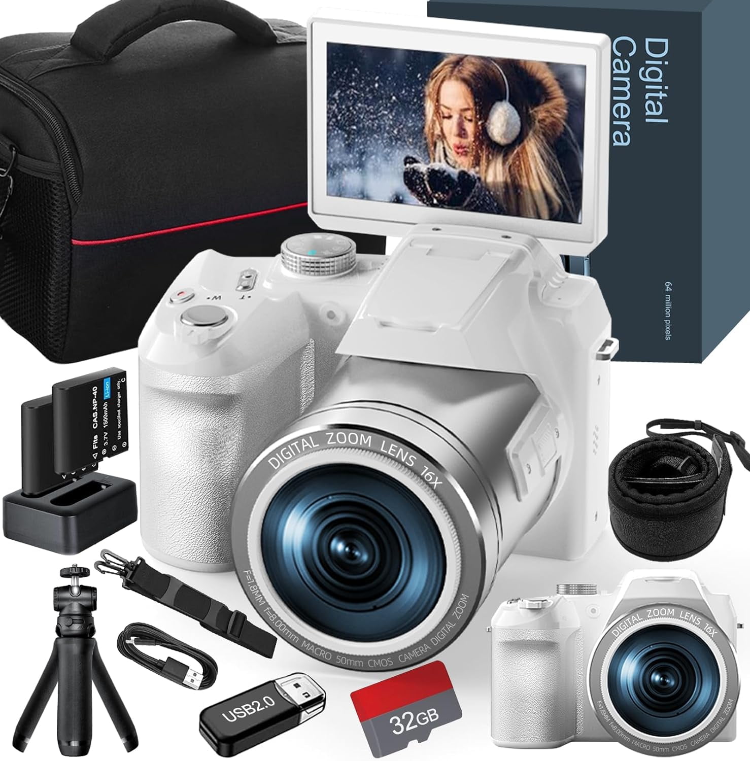 NBD 4K 64MP Digital Camera, 16X Zoom, 32GB SD Card, White, Vlogging ...