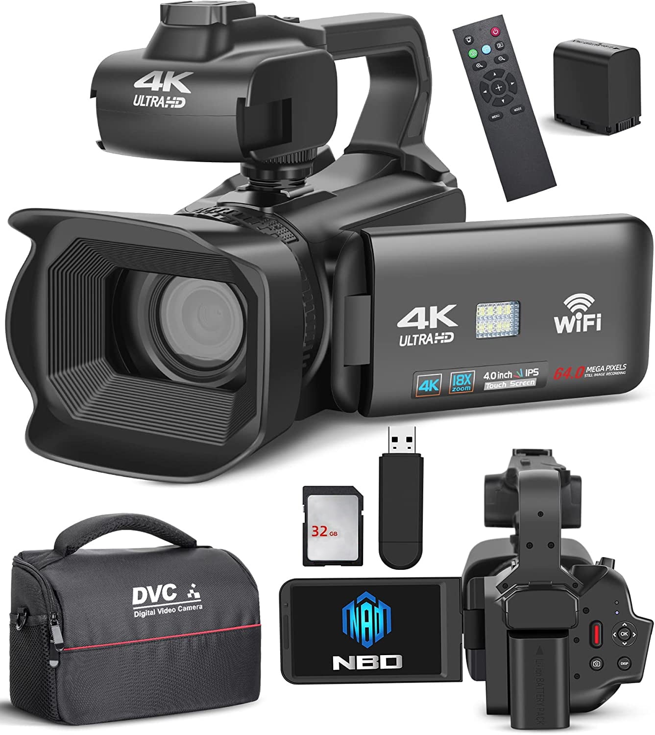 NBD 4K Camcorder, 64MP Digital Camera, 4.0" Touch Screen, 18X Zoom ...