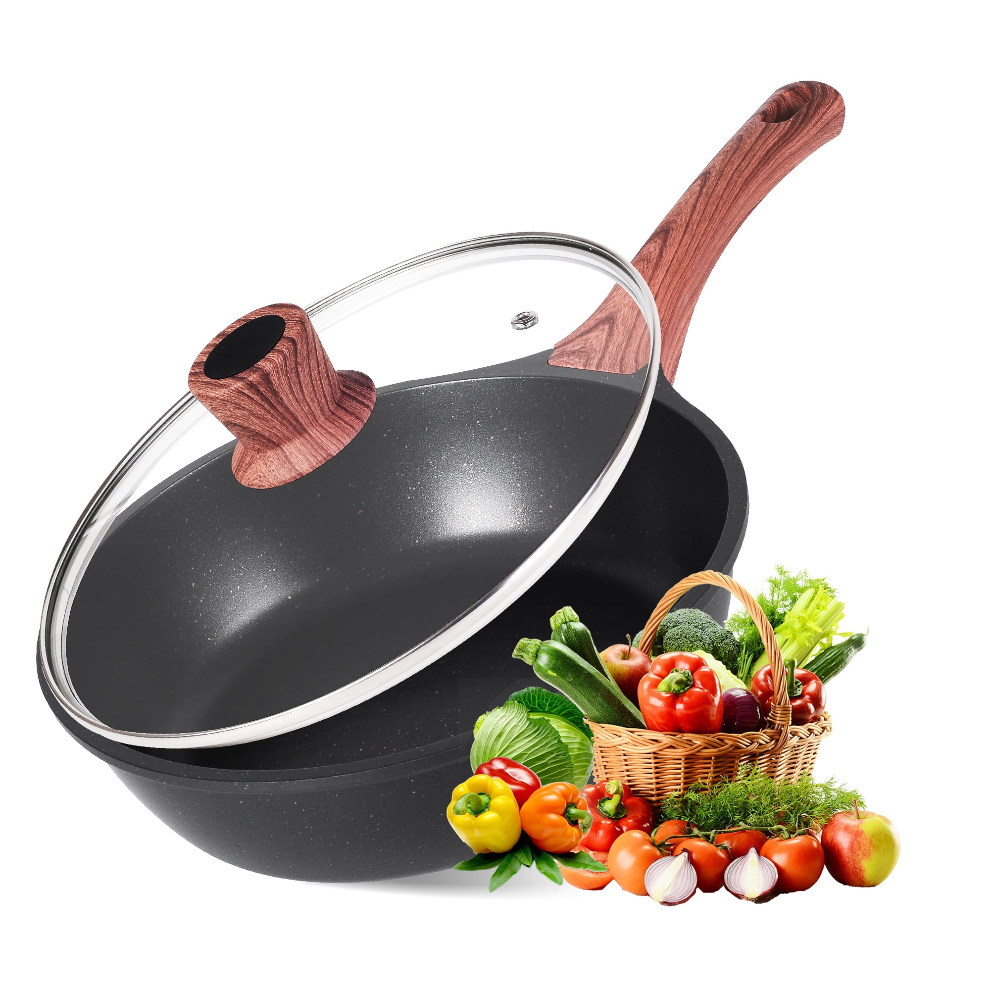 NBTX Non Stick Frying Pan, 10.6"/3.98Qt, Maifanstone Coating, Wooden ...