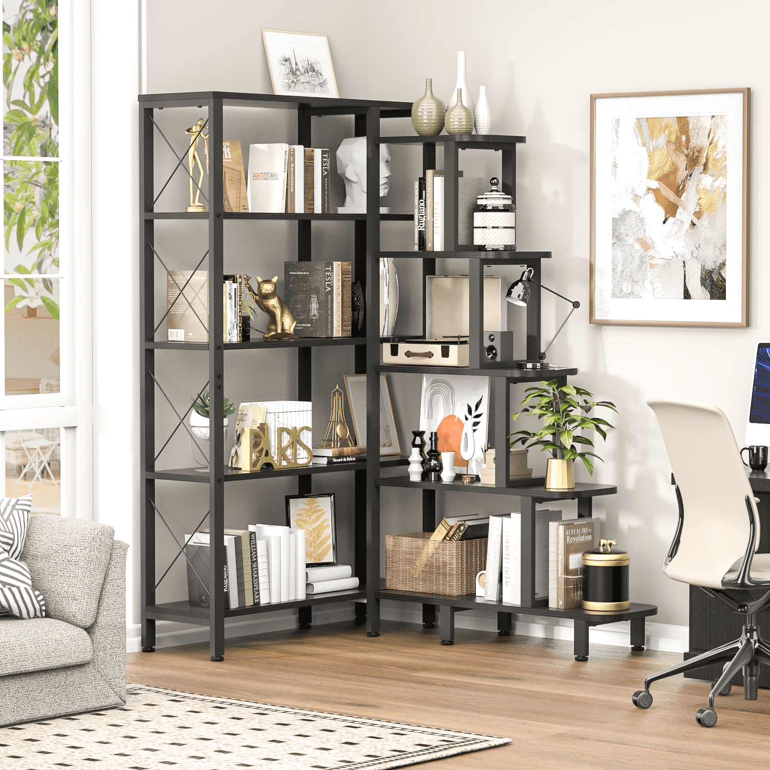 NBTiger 5- Shelf Study Corner Bookshelf, L-Shaped Large Reversible ...