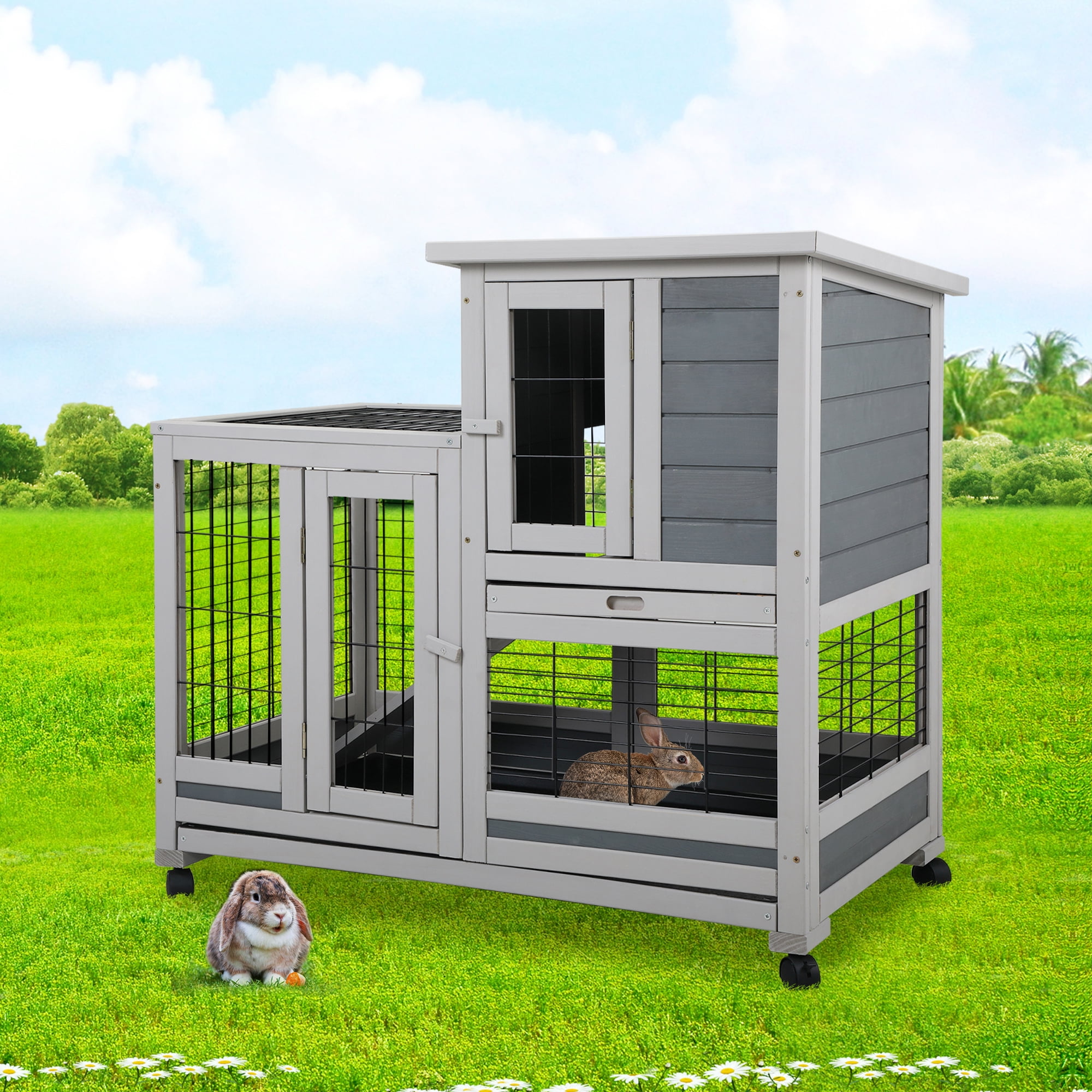 NBXPOW Wooden 37 Inch Rabbit Cage with Two Sliding Trays Outdoor Rabbit ...