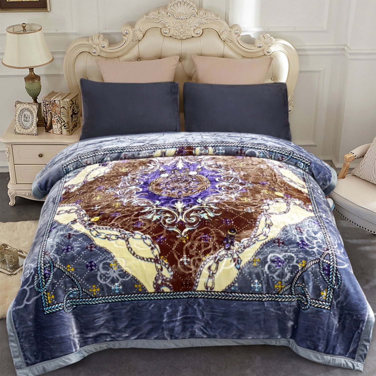 NC Fleece Bed Blanket Queen Size, 2 Ply Thick Warm Blanket, Blue Floral ...