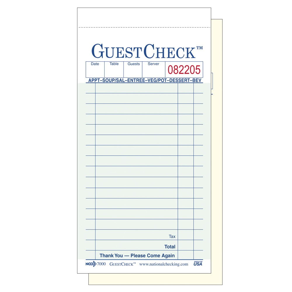 NCCO Guest Check G7000SP - 1 Pack of 10 Books with 50 Two Part Carbonless Green 17 Line Checks ...