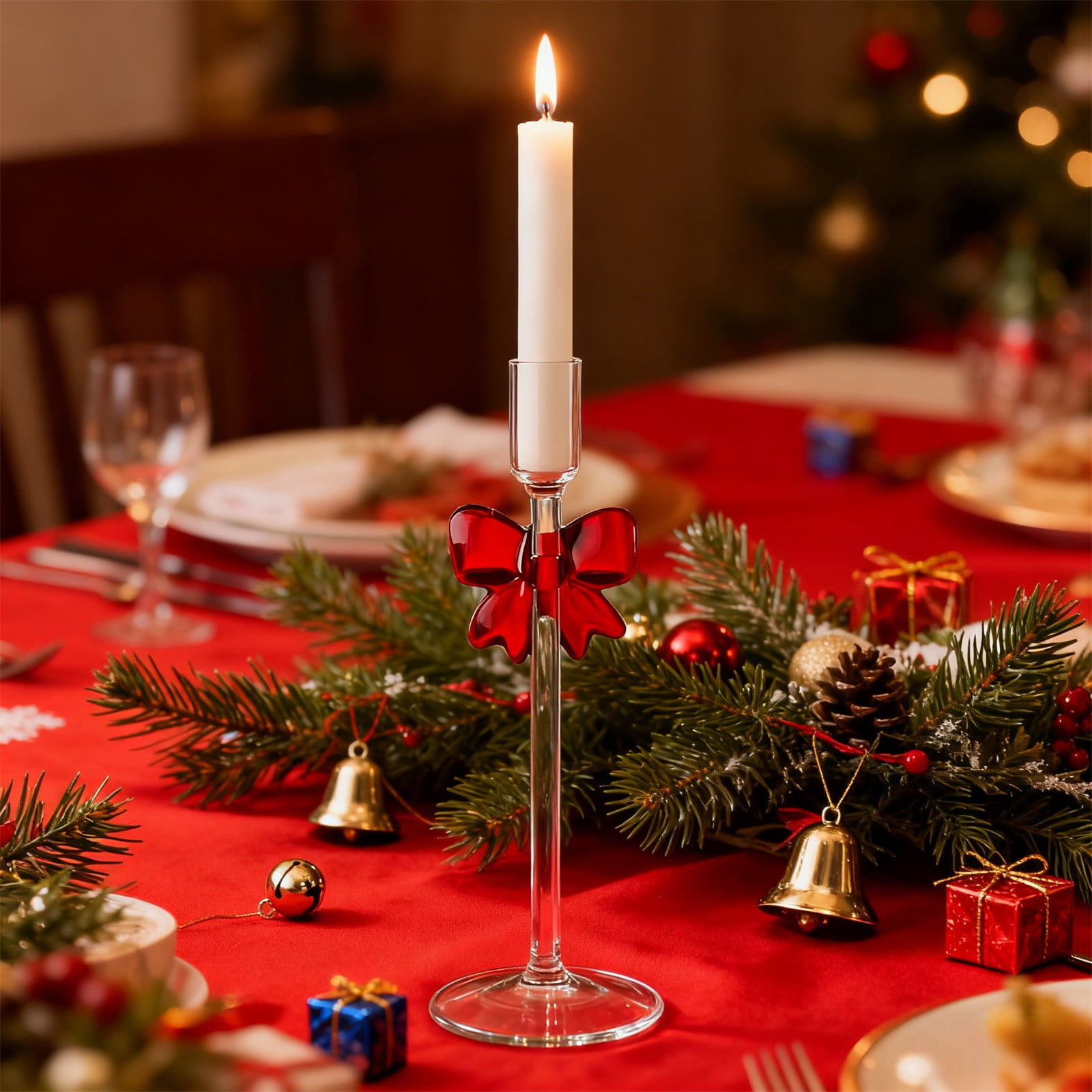NCHKUN Set of 2 Clear Glass Taper Candle Holders with Red Bow 8 and 10 ...