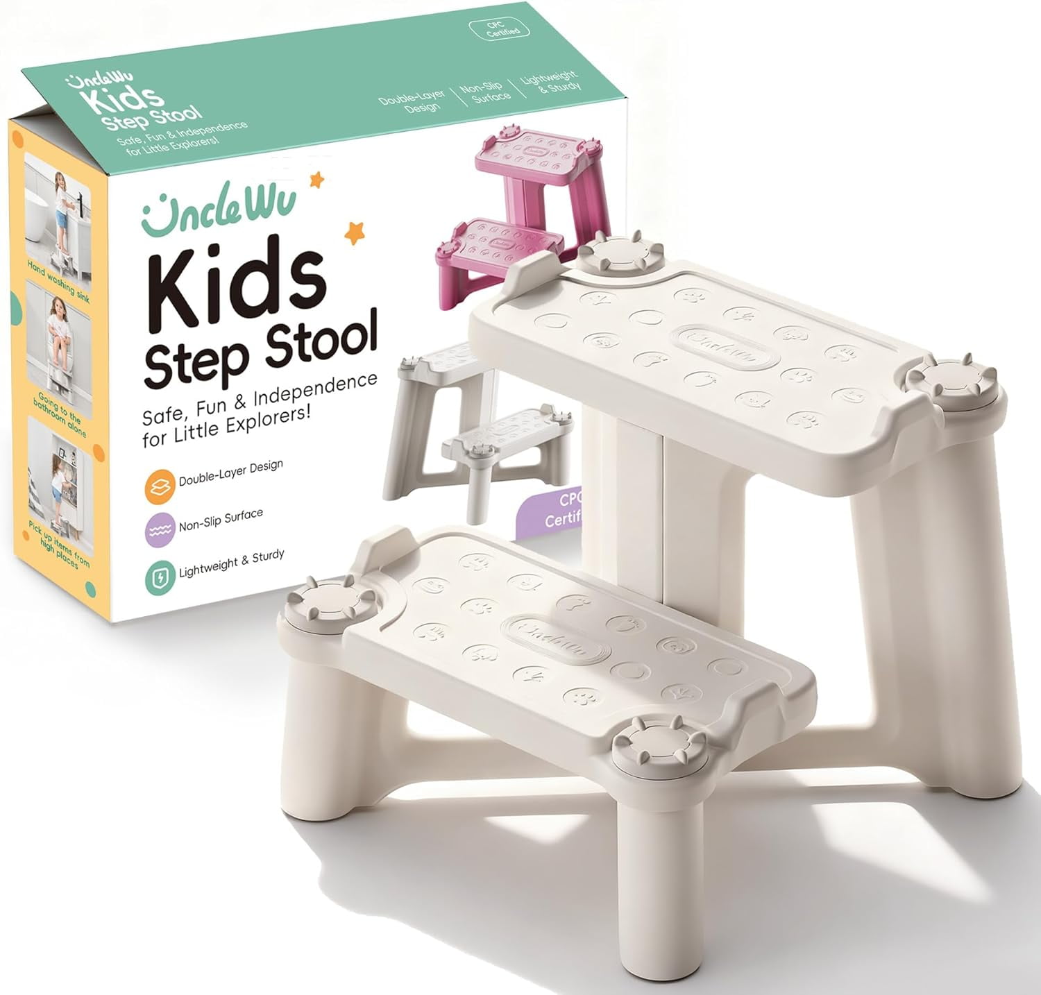 ÜNCLE WU Kids Step Stool, Dual Height Toddler Stool for Bathroom Sink ...