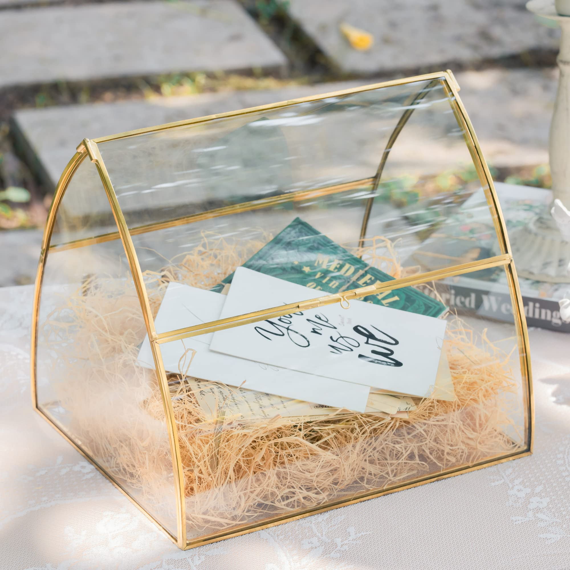 NCYP Glass Gold Card Box for Wedding-Vintage Curved Lid, 10.2x9.4x9 ...