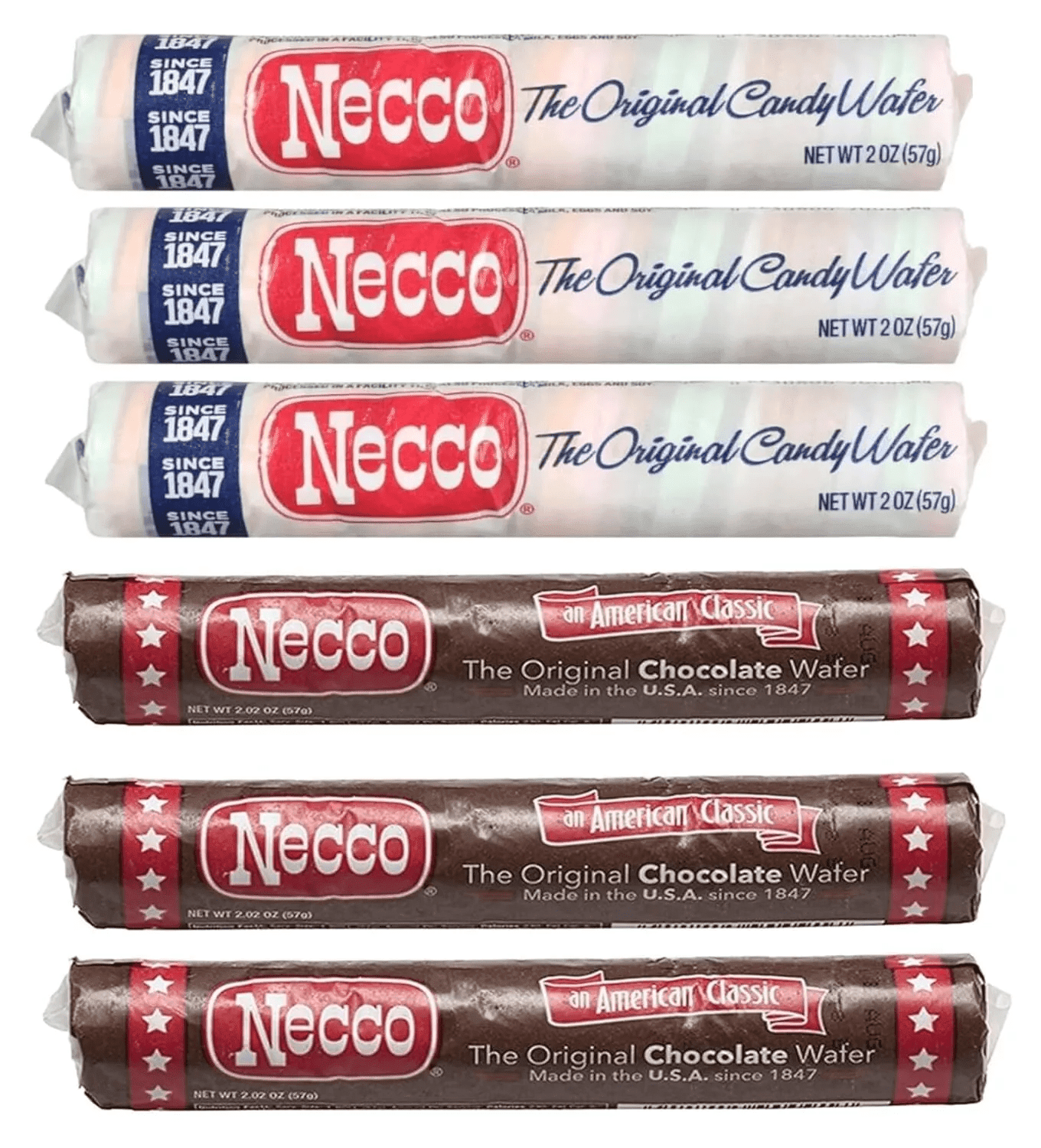 NECCO The Original Candy Wafer Rolls, Assorted & Chocolate Flavors, 2 ...