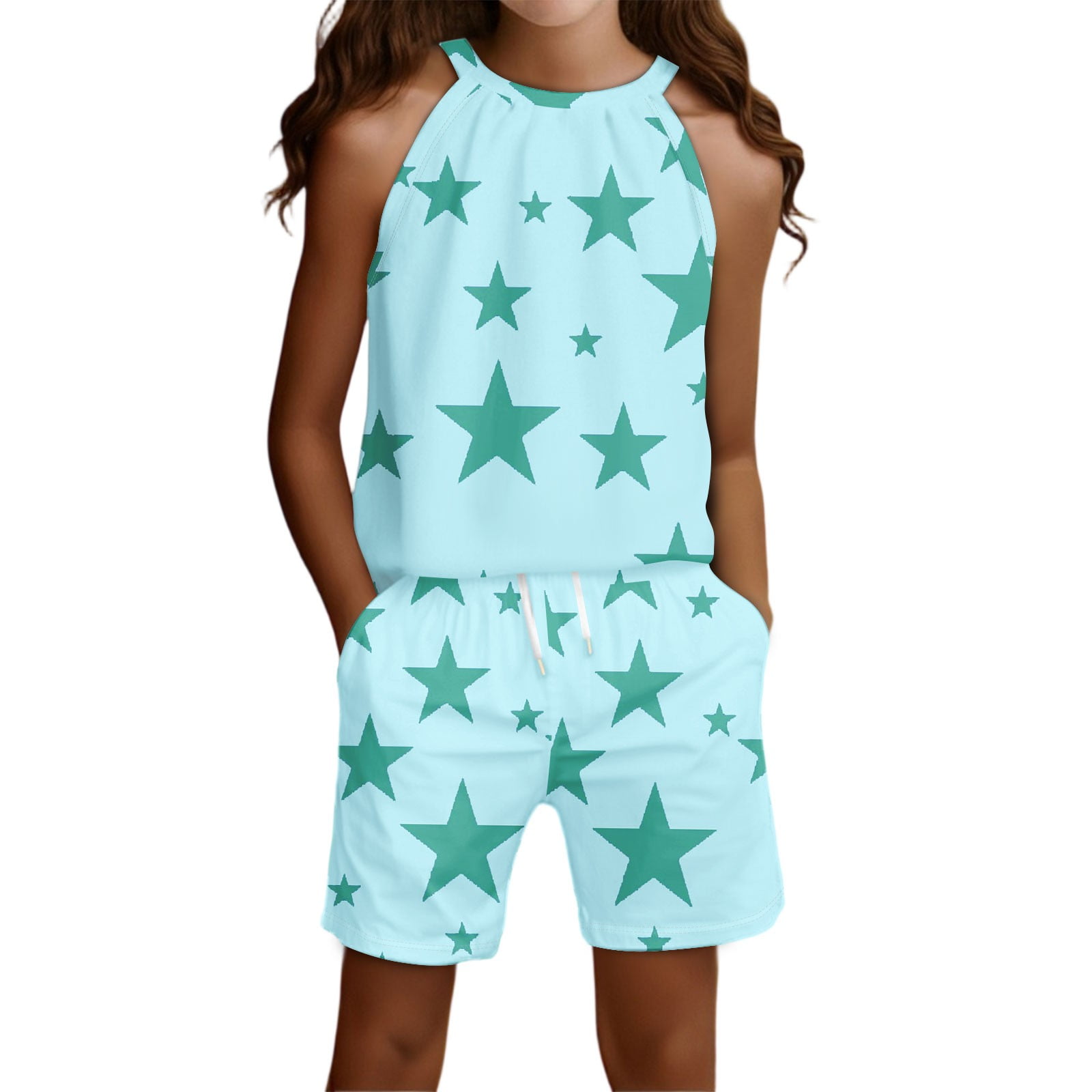 NEFIYLUXP Girls Summer 2 Piece Sets Casual Shorts Outfits Halter Neck ...