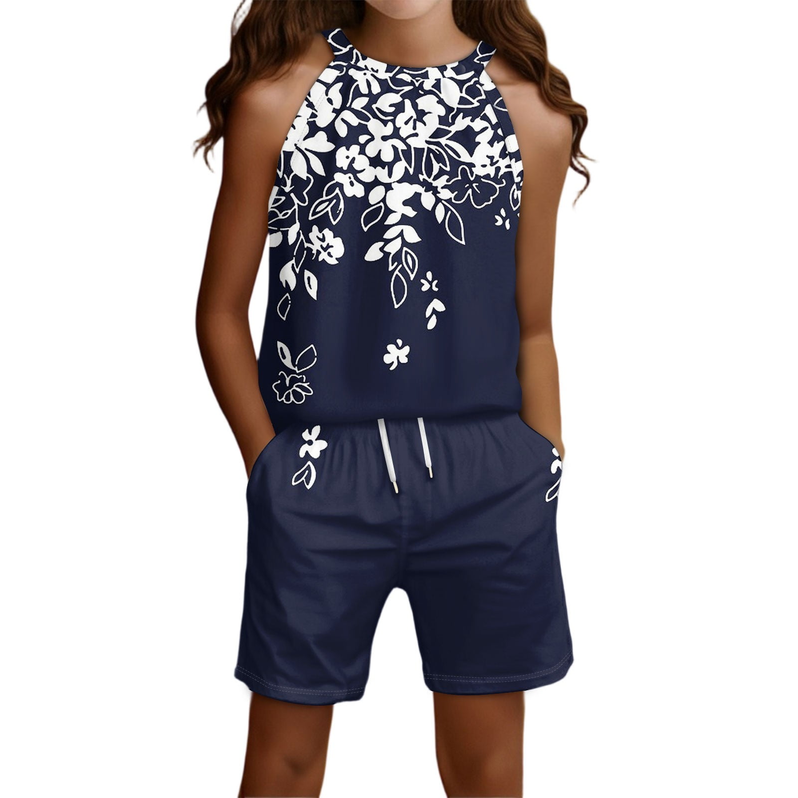 NEFIYLUXP Shorts Sets Girls 2 Piece Outfits O Neck Halter Top High ...