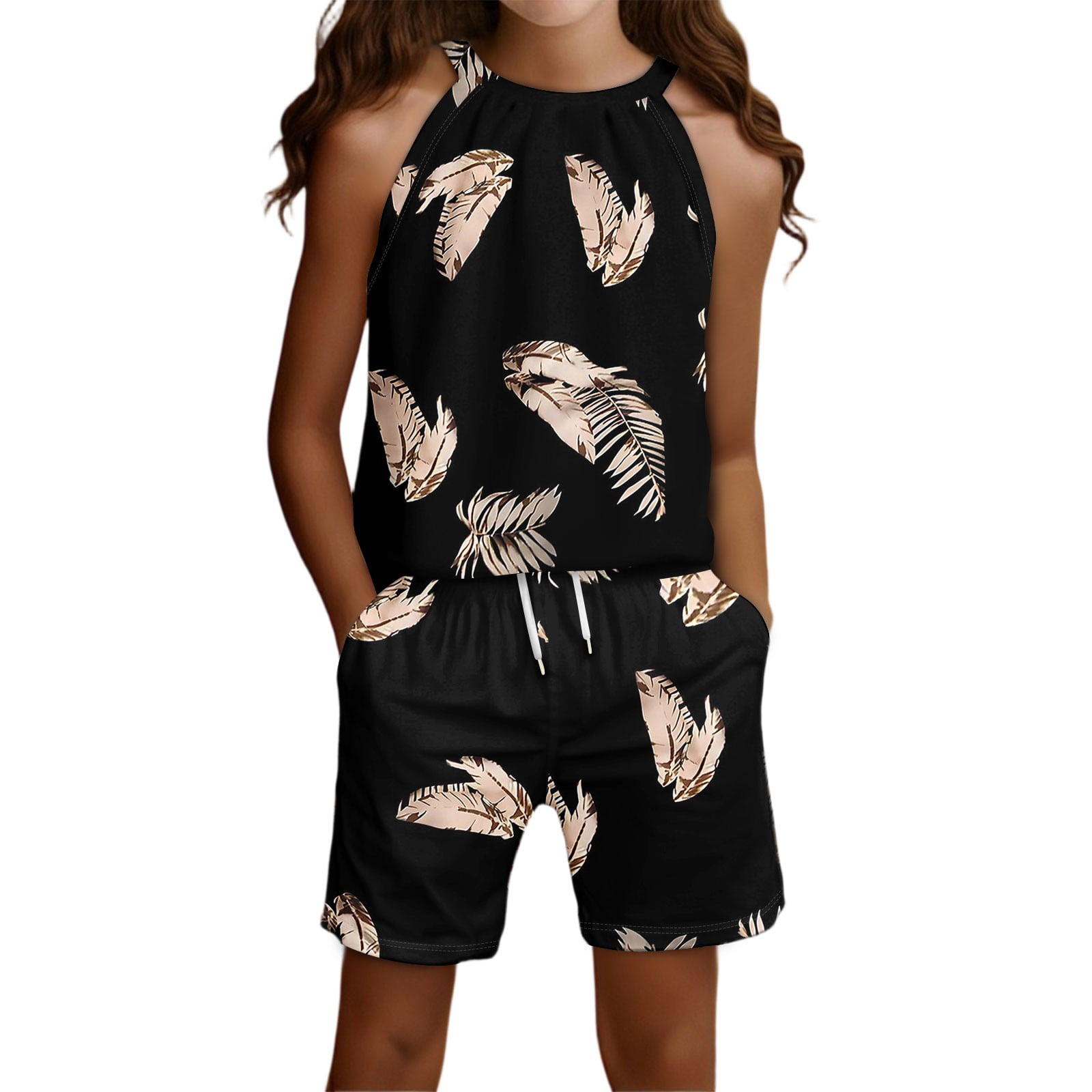 NEFIYLUXP Shorts Sets Girls 2 Piece Outfits O Neck Halter Top High ...