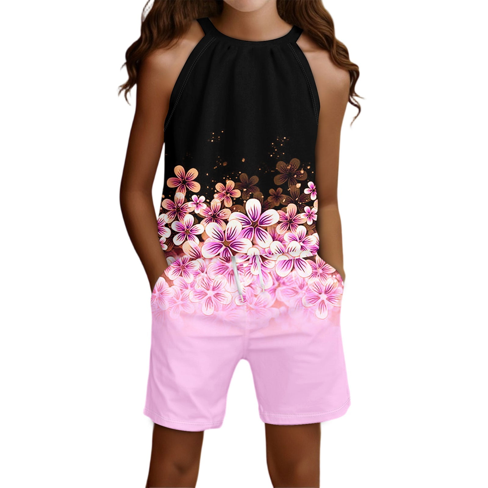 NEFIYLUXP Shorts Sets Girls 2 Piece Outfits O Neck Halter Top High ...