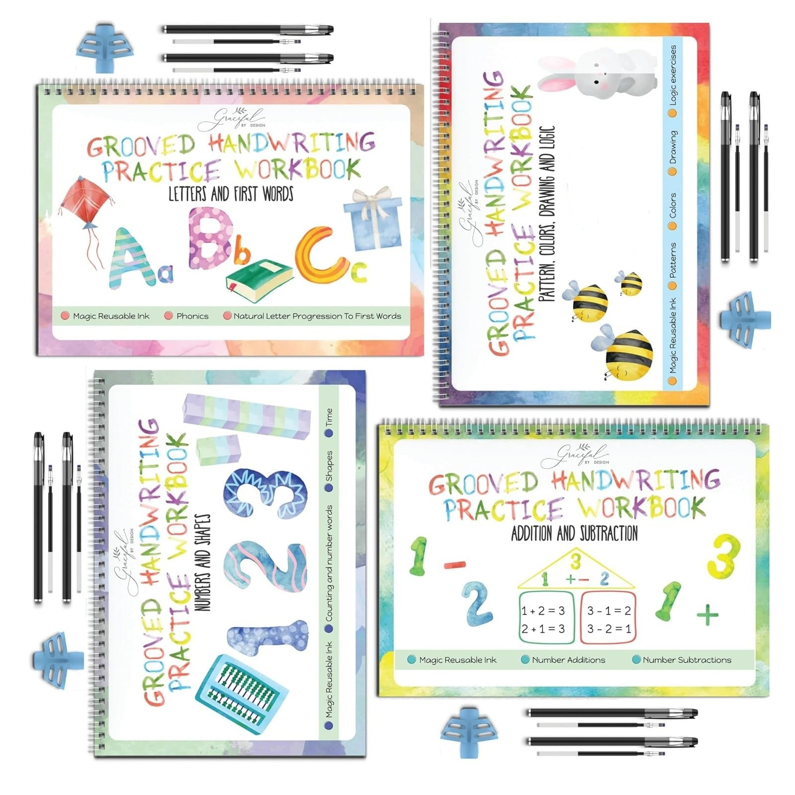 NEGJ Grooved Handwriting Book With Pens (All 4 Books) Practice Writing ...