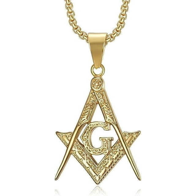 NEGS 18K Gold Plated Freemason Pendant 24'' Chain Masonic Stainless ...