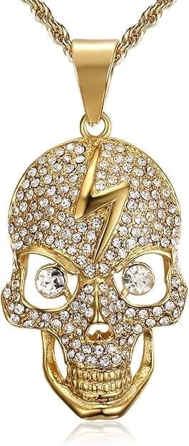 NEGS 18K Gold Plated Skull Lightning Death Skeleton Pendant 24'' Chain ...
