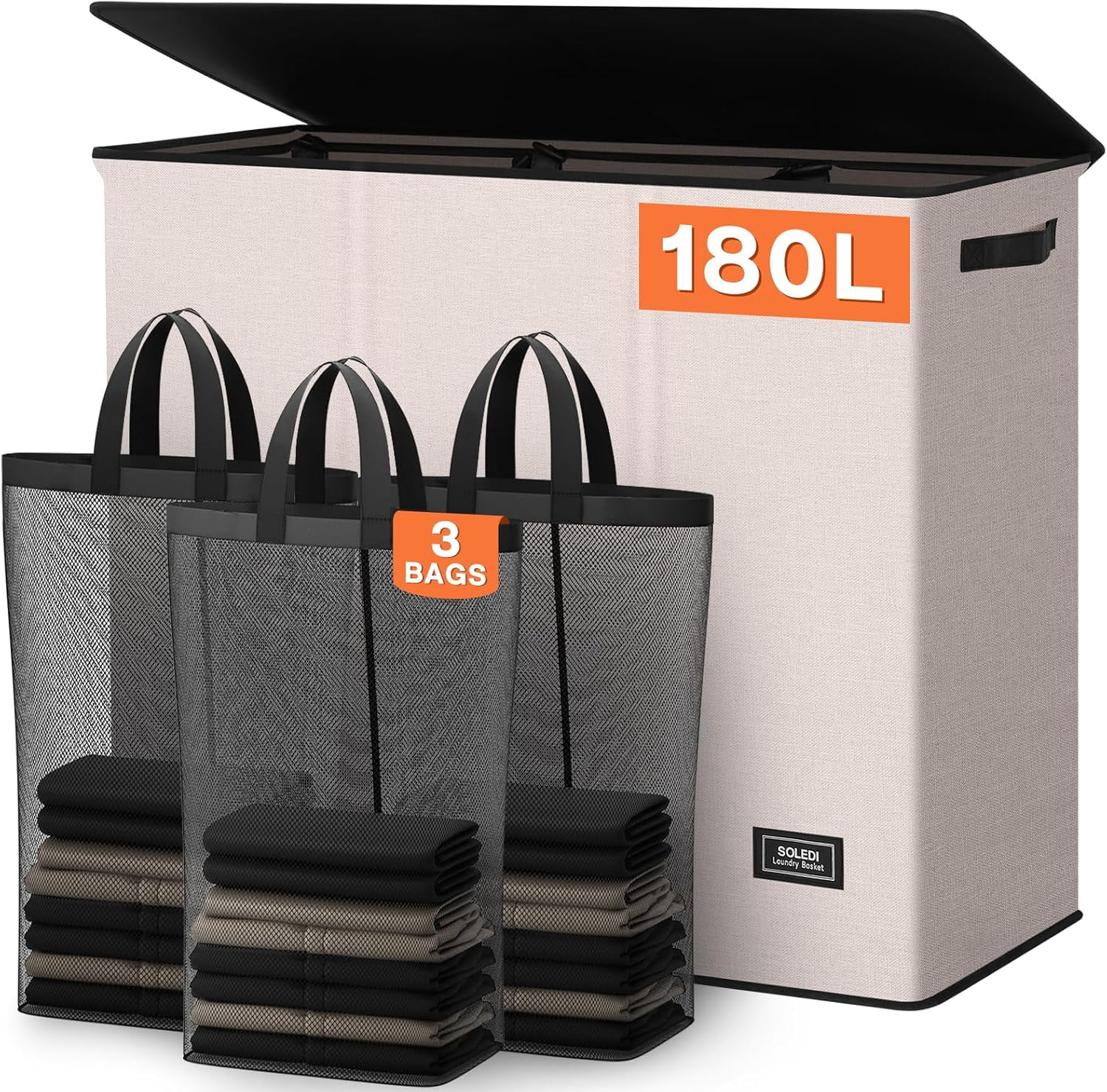 NEI 180L 3-Section Laundry Hamper with Lid, Extra Large Dirty Clothes ...