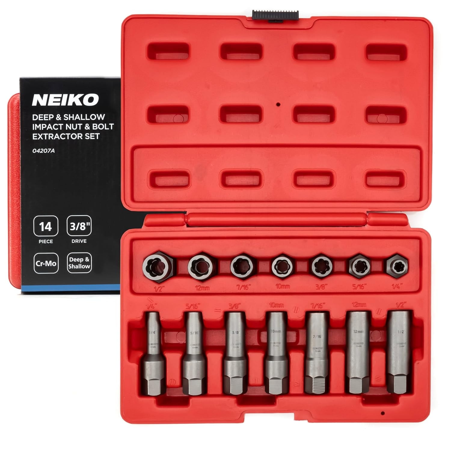 NEIKO 04207A Impact Nut & Bolt Extractor Set, 14 Piece Lug Nut Removal ...