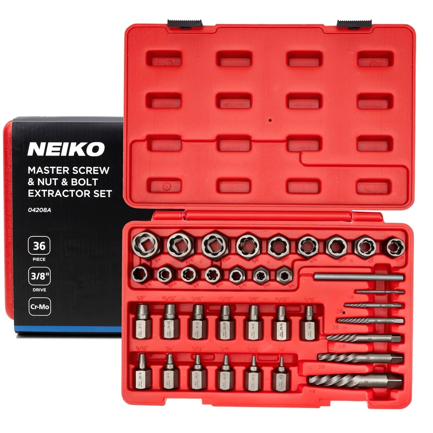 NEIKO 04208A Master Screw, Nut, & Bolt Extractor, 36 Piece Lug Nut ...