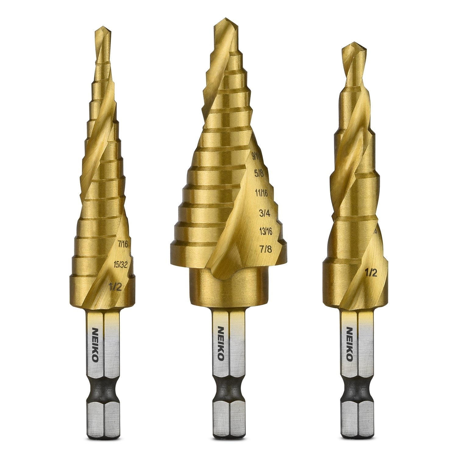 NEIKO 10181A Step Drill Bit Set, 3 Piece, Spiral Grooved for Faster ...