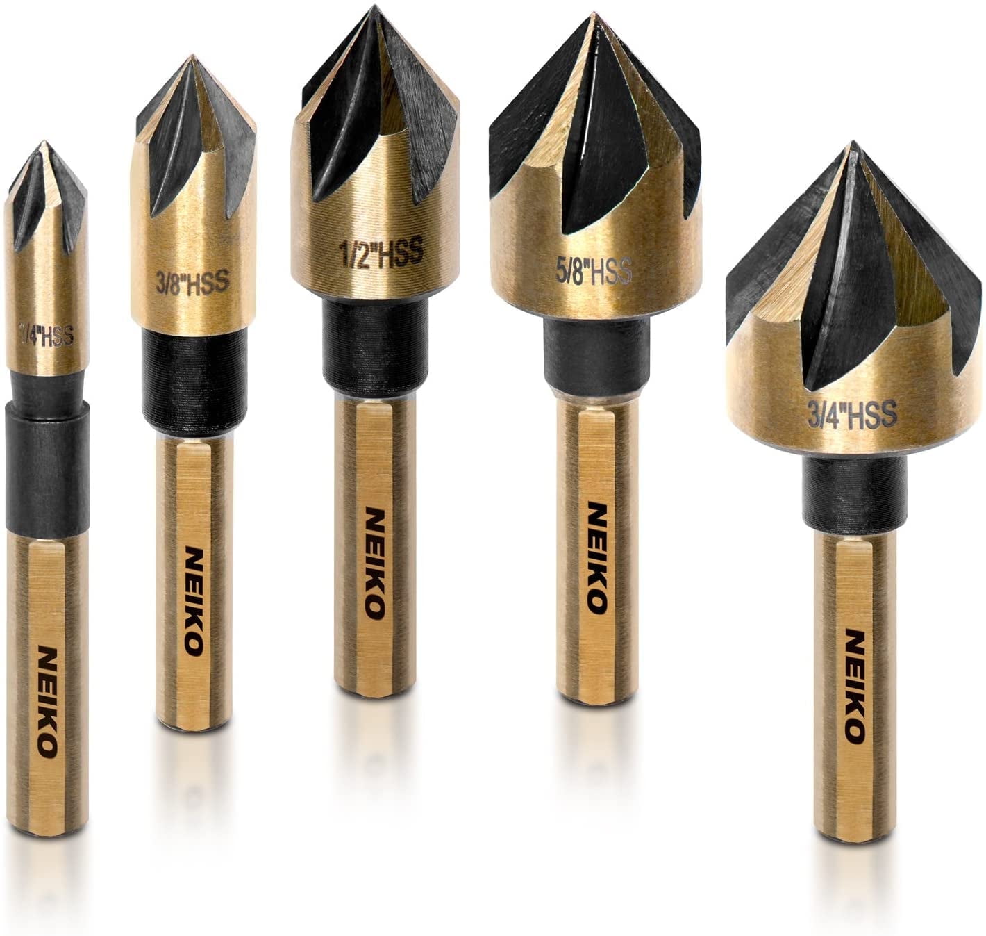 NEIKO 10218A 5-Piece Countersink Drill Bit Set, M2 HSS, 1/4” Tri-Flat ...