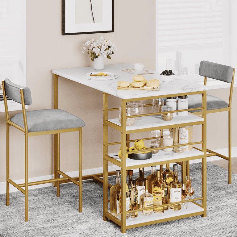 NEILA Modern 3 Piece High Dining Set Bar Table with 2 Upholstered Chairs Storage Shelf Wood Top Grey and Gold White Walmart