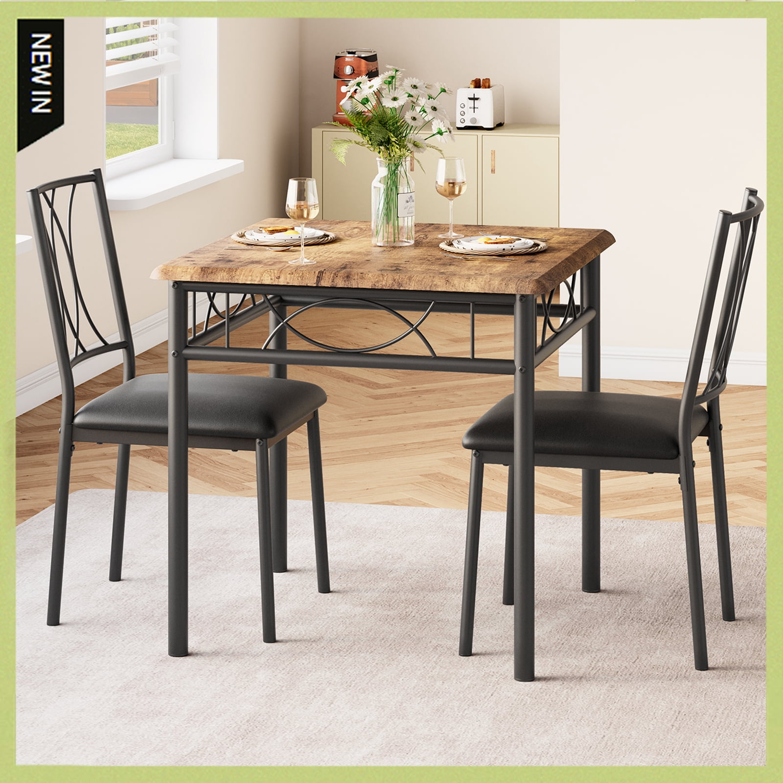NEILA 3 Piece Dining Set for 2 , Table and 2 Upholstered Chairs Wood ...