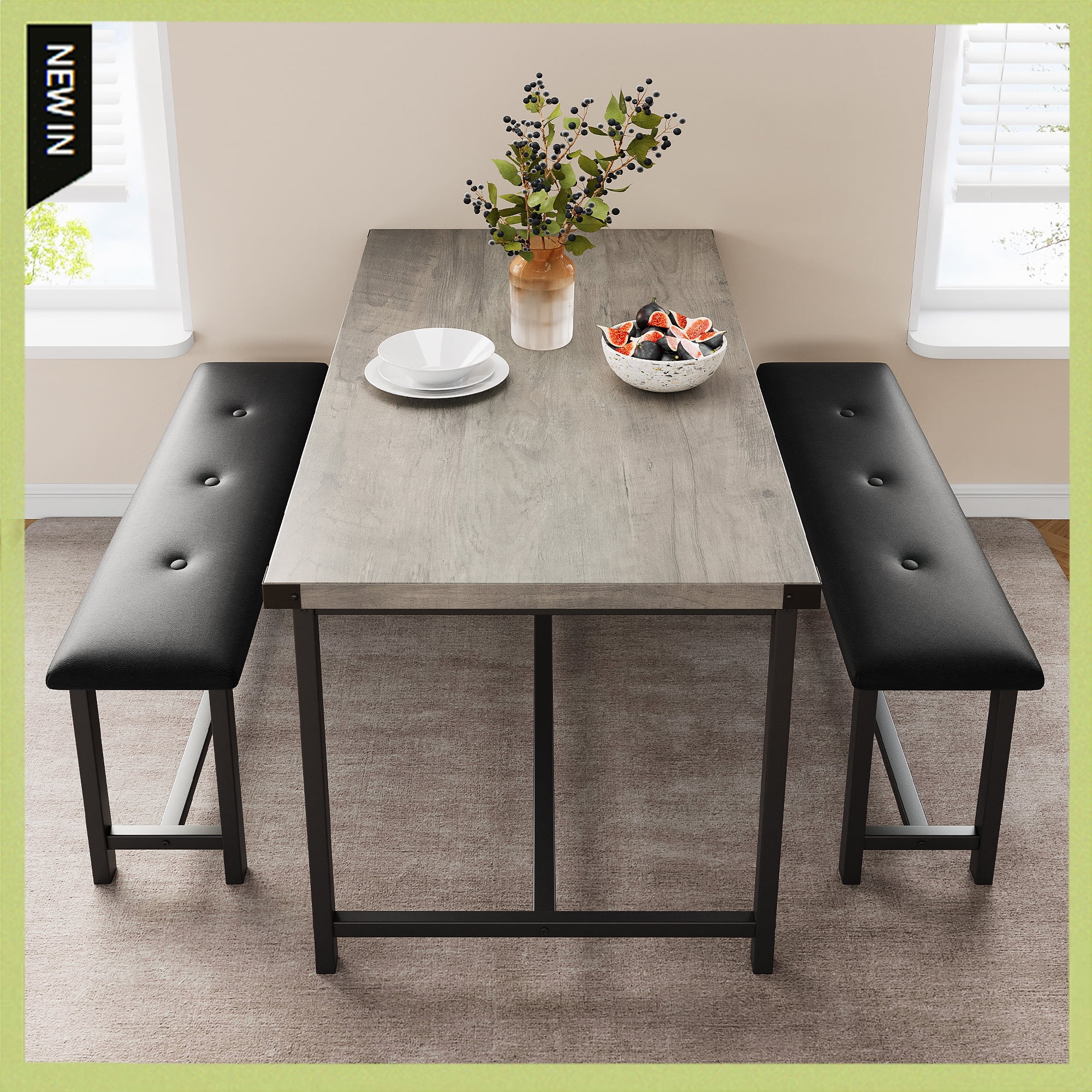 NEILA 3 Piece Dining Set, Table & 2 Benches, Rustic Grey, Space Saving ...