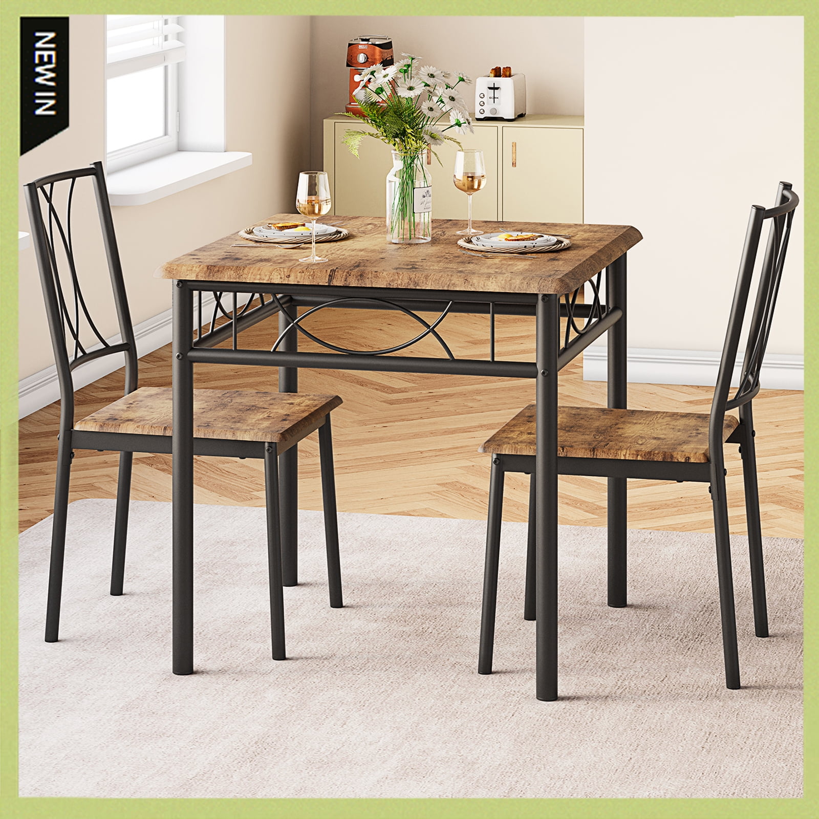 NEILA 3 Piece Dining Set for 2 , Table and 2 Chairs Wood Top Dinette ...