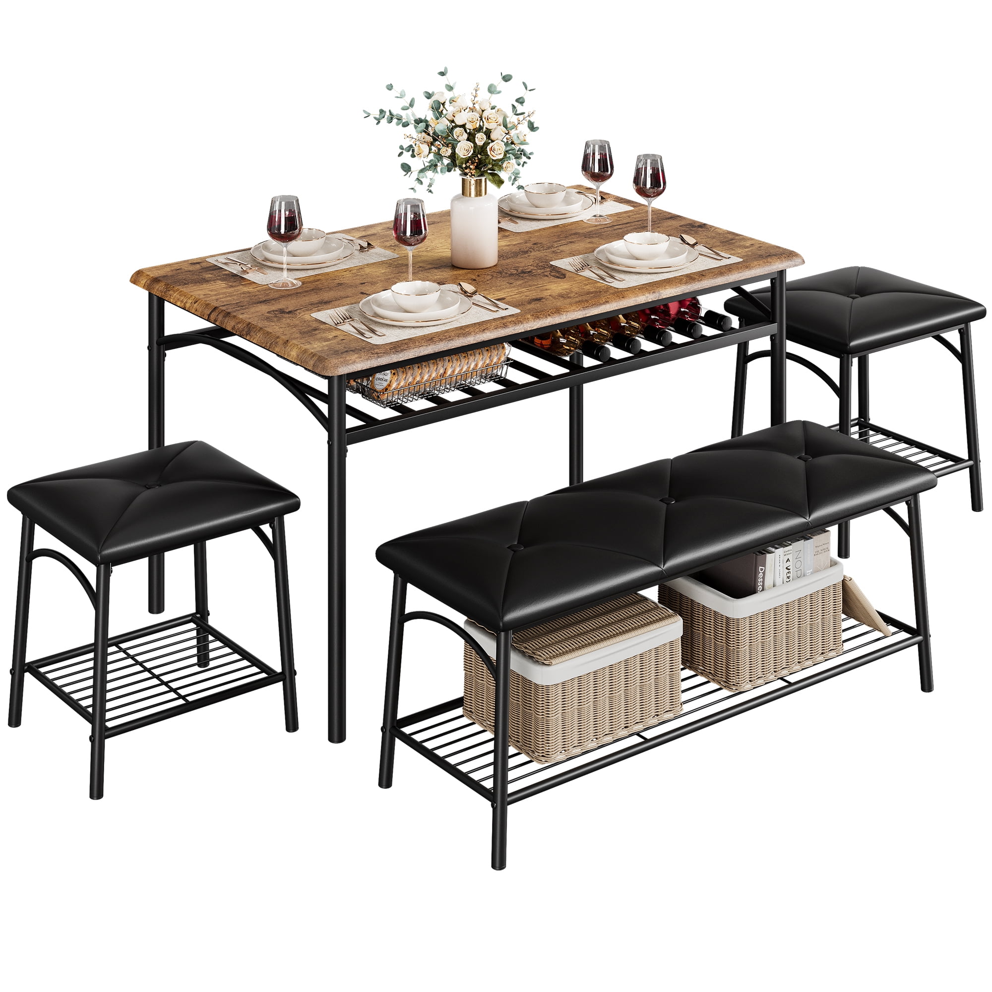 NEILA 4 Pcs Dining Set for 4, Table with Upholstered Bench and 2 Stools ...