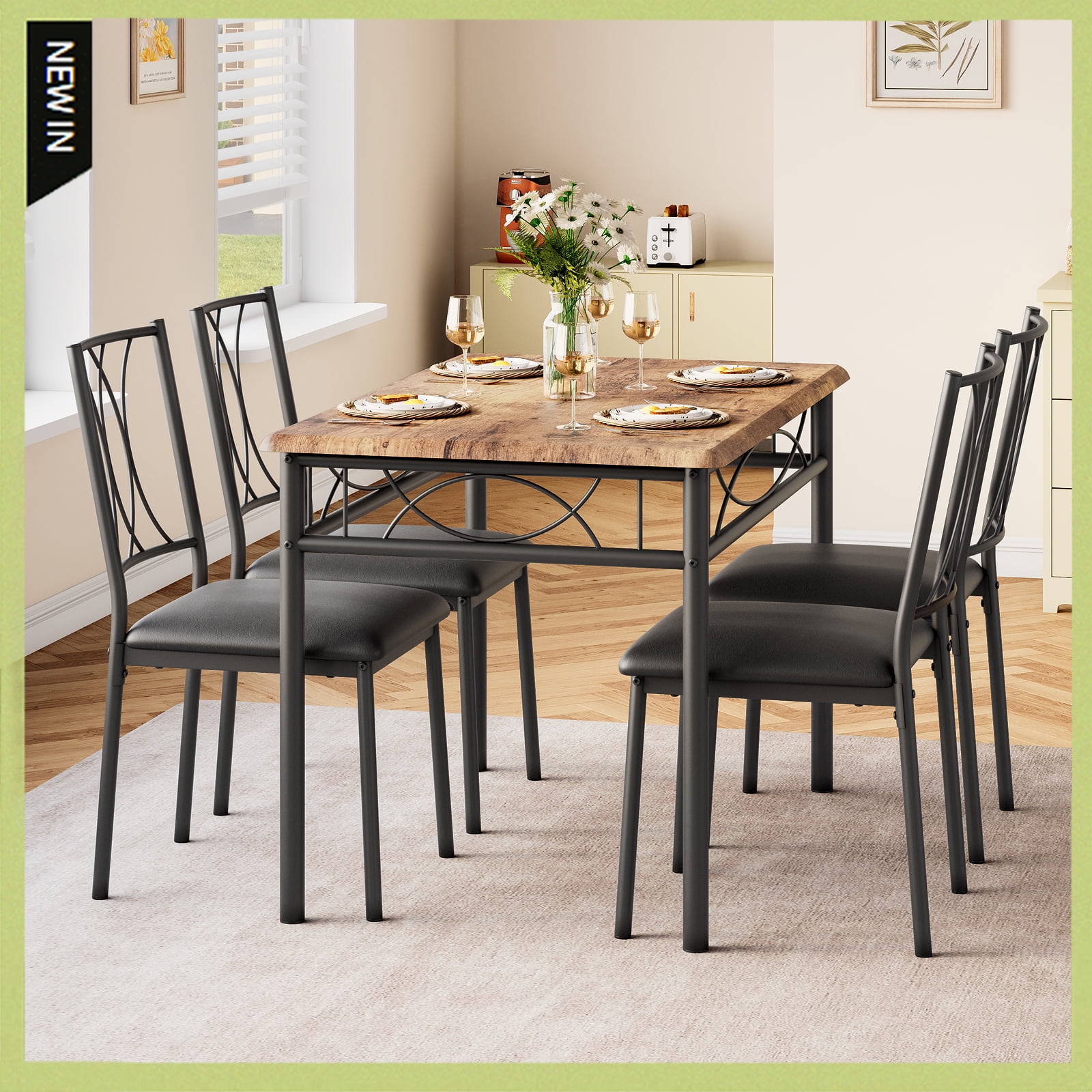 NEILA 5-Piece Dining Set, Rustic Brown Table & 4 Upholstered Chairs ...