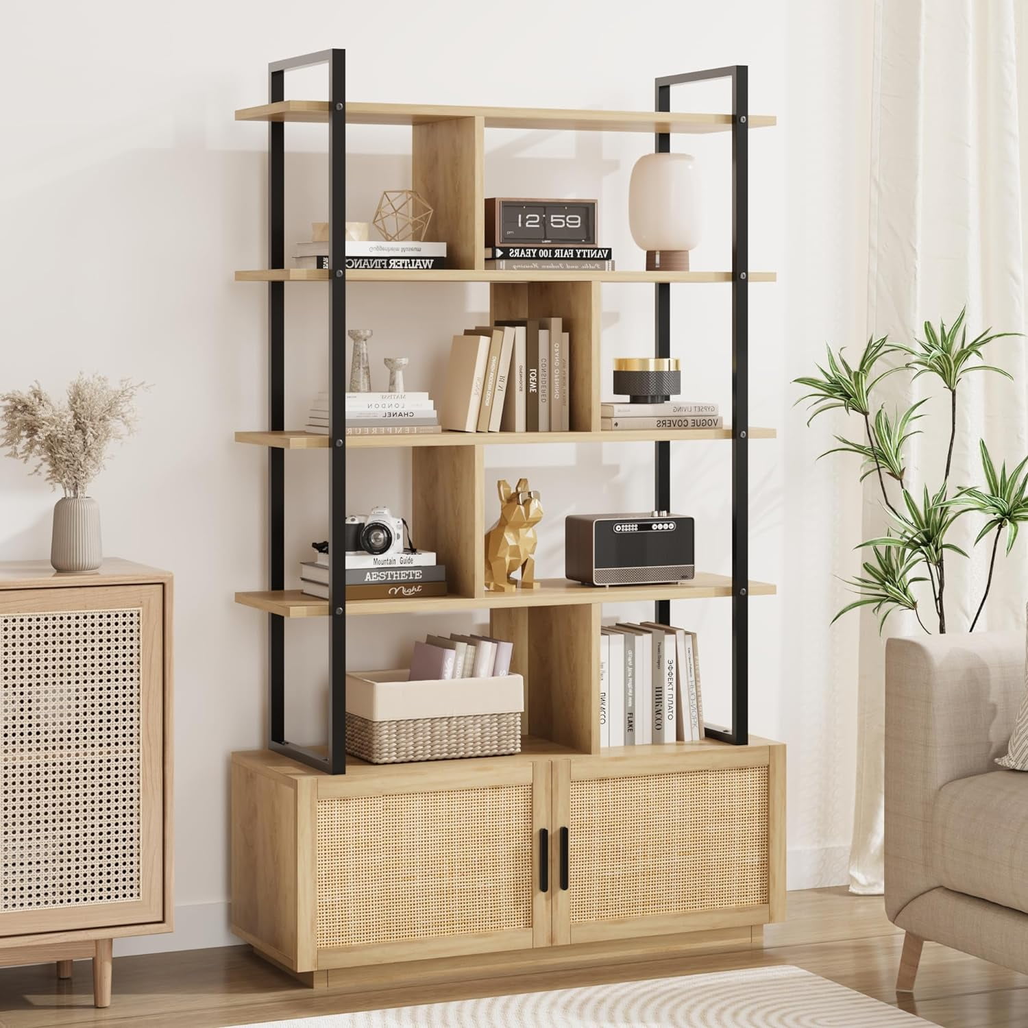 NEILA 5-Tier Bookshelf with Rattan Door Cabinet,71.1'' Tall Open ...