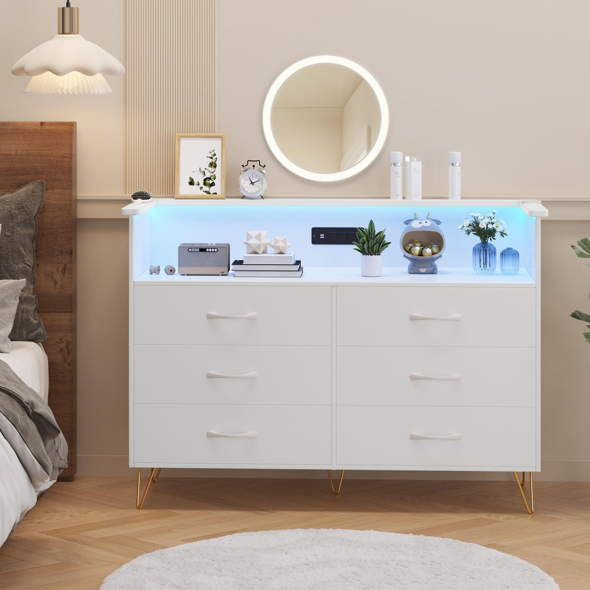 NEILA 6 Drawer Dresser with LED Light for Bedroom, Wooden Dressers with ...