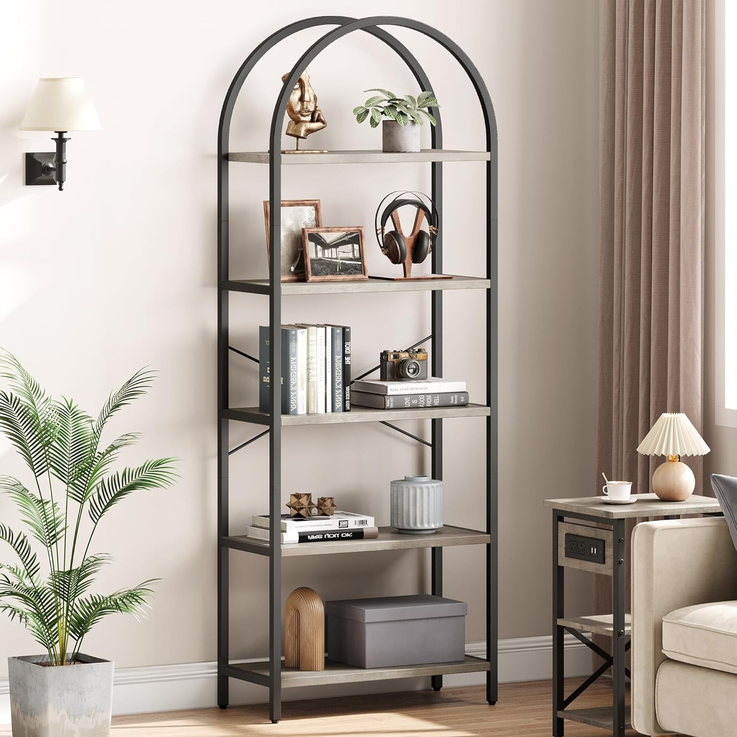 NEILA 70'' Tall 5-Tier Bookshelf Metal & Wood Bookcase Large Arched ...