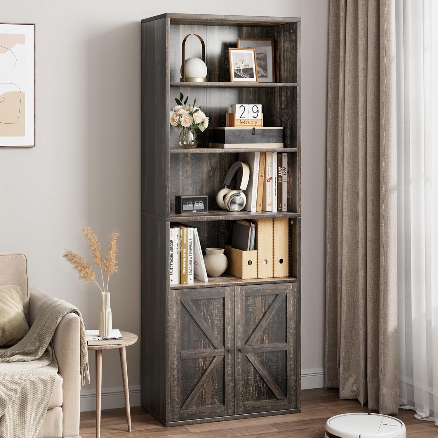 NEILA Bookcase with Doors Industrial Bookshelf 11.8 in Depth Display ...