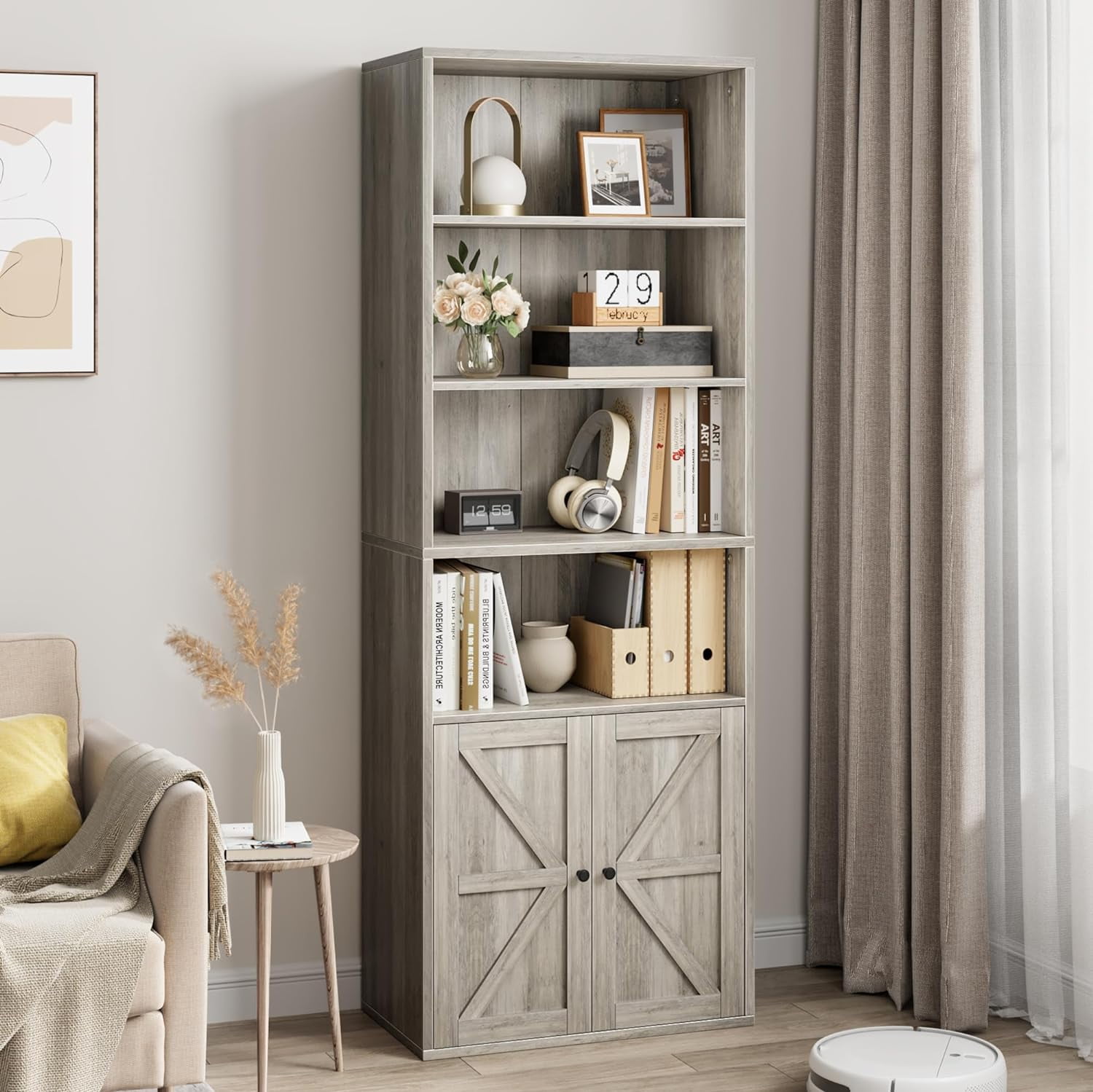 NEILA Bookcase with Doors Industrial Bookshelf 11.8 in Depth Display ...