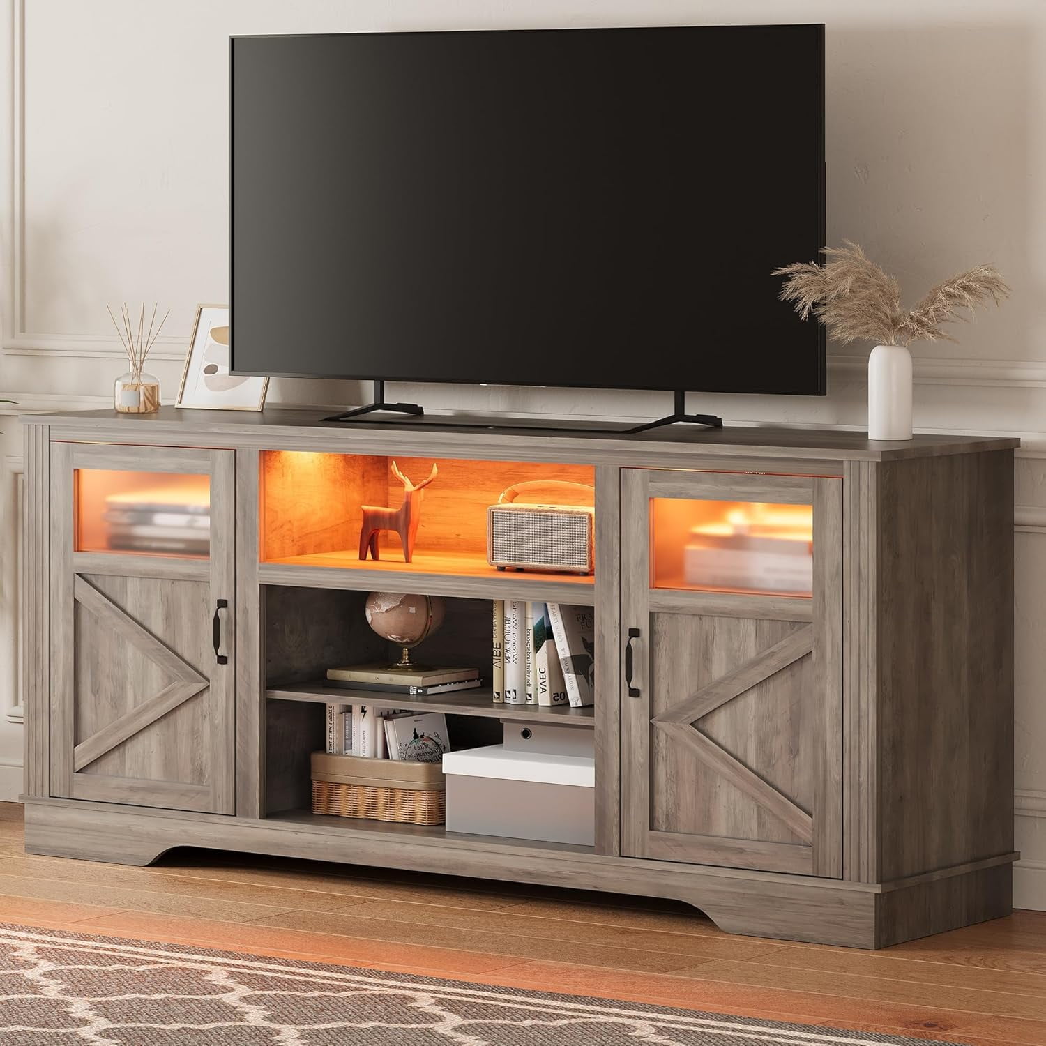 NEILA Charming 34-Inch Tall Farmhouse TV Stand with LED Lights – Enhance Your Living Room or ...