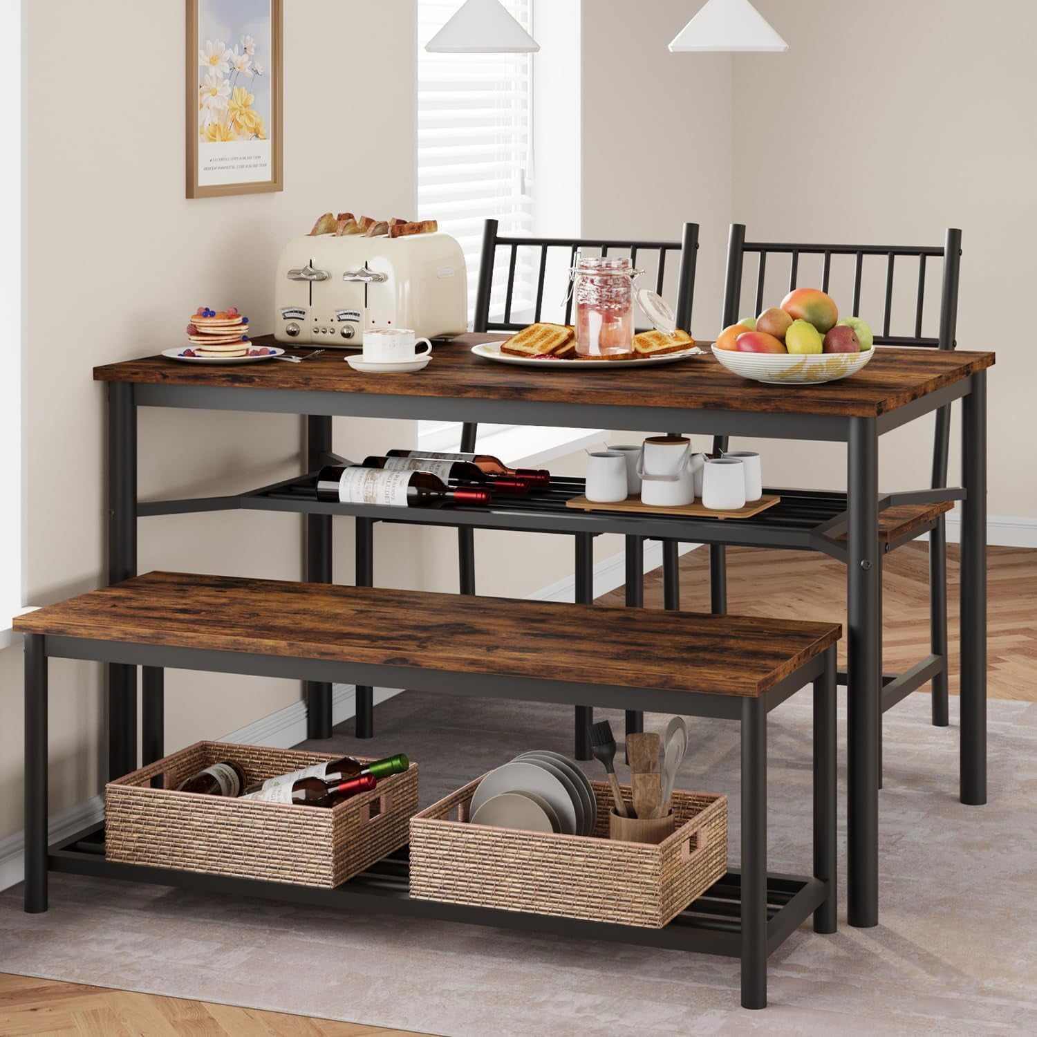 NEILA Dining Table Set for 4, Kitchen Table and 2 Chairs with Storage ...