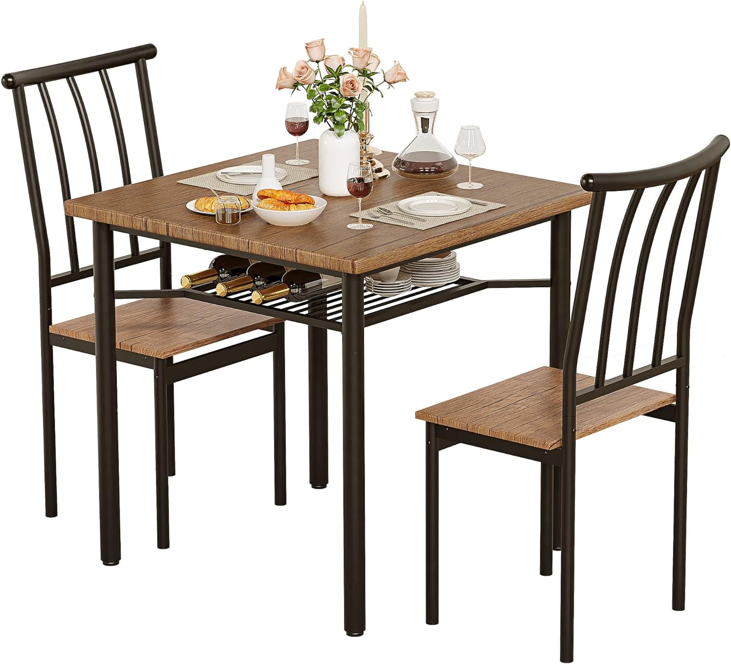 NEILA Dining Table Set, Kitchen Table and Chairs for 2 with Wine Rack ...