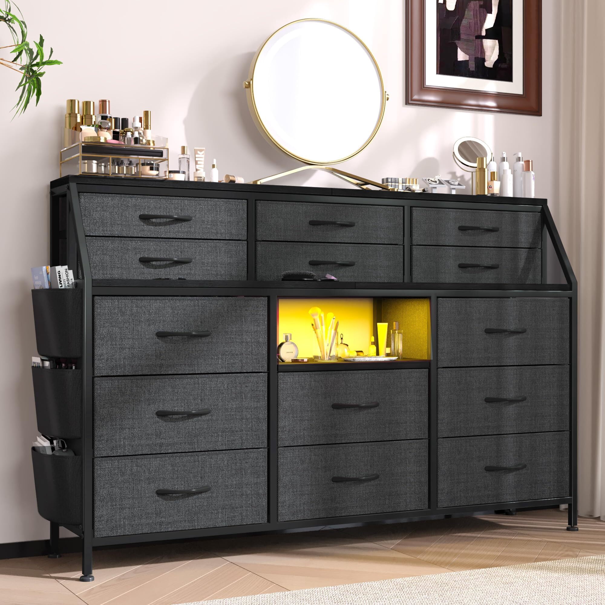 NEILA Dresser with Power Outlets and LED Lights, 55" W Dresser for ...