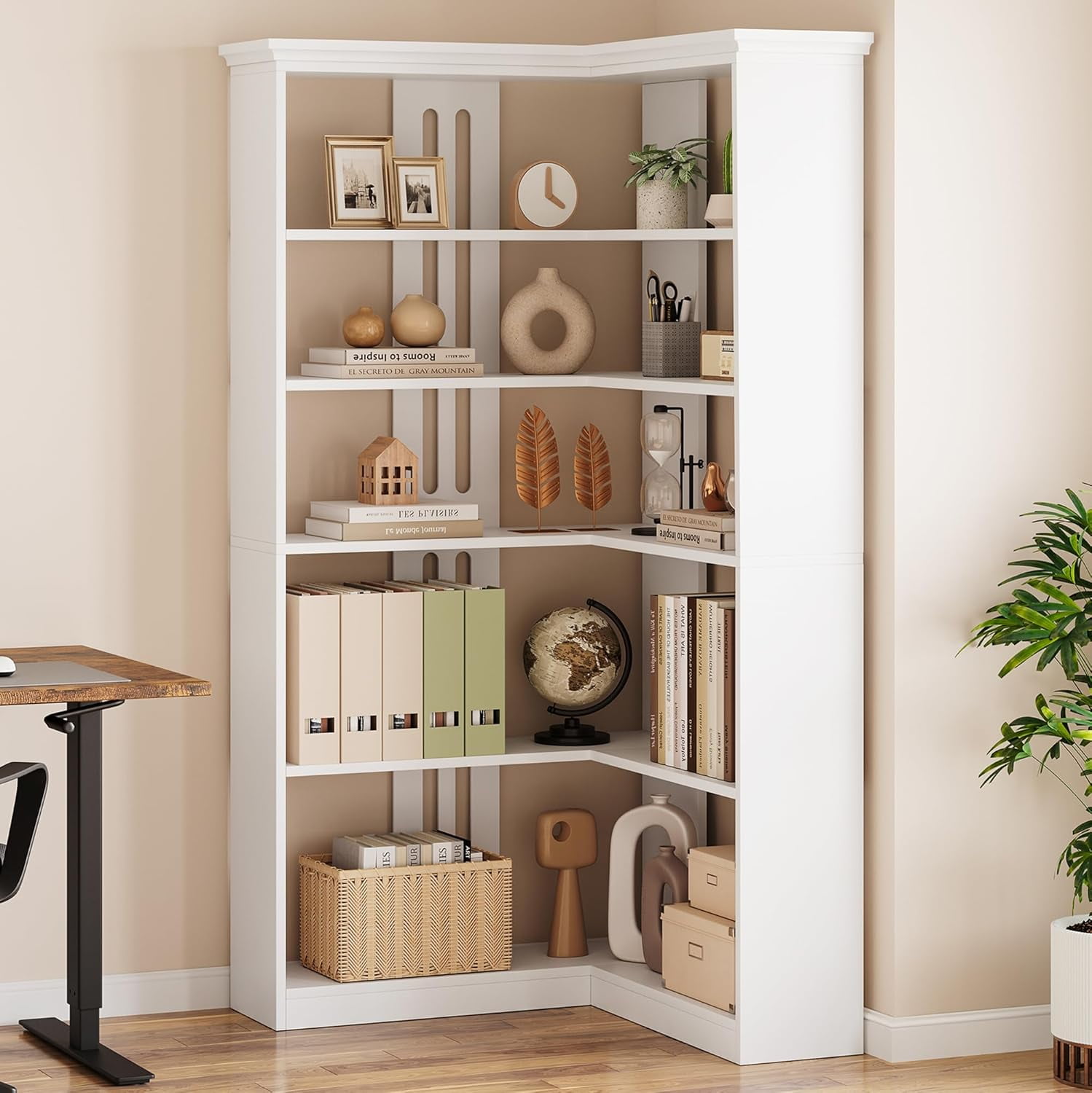 NEILA Farmhouse Corner Bookshelf – 72.8” Tall L-Shaped Bookcase with 5 ...